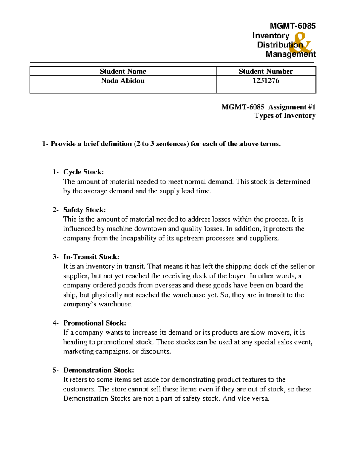 A1 MGMT-6085-Assignment #1 Types Inventory - MGMT- 6085 Inventory ...