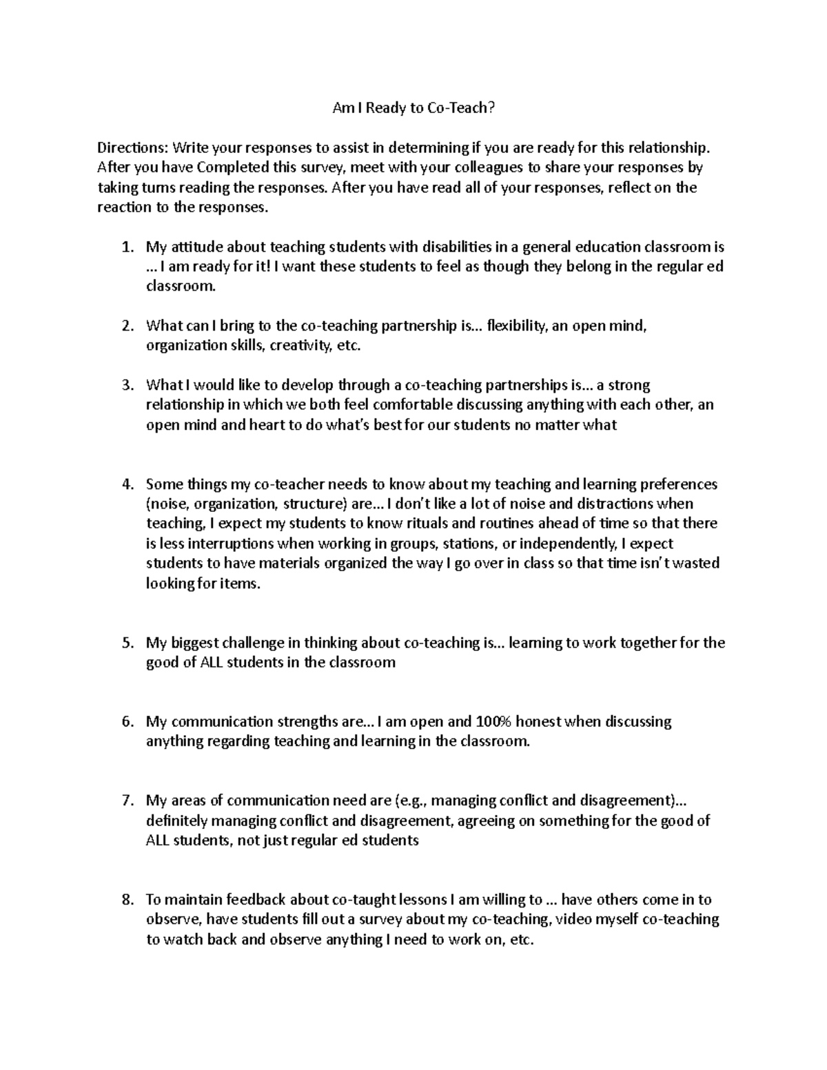 Am I Ready to Co teach questions and answers - Am I Ready to Co-Teach ...