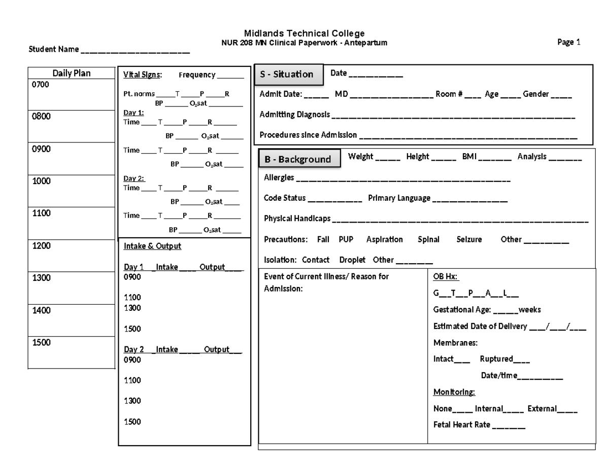 208 MN Antepartum Clinical Paperwork - Midlands Technical College NUR ...