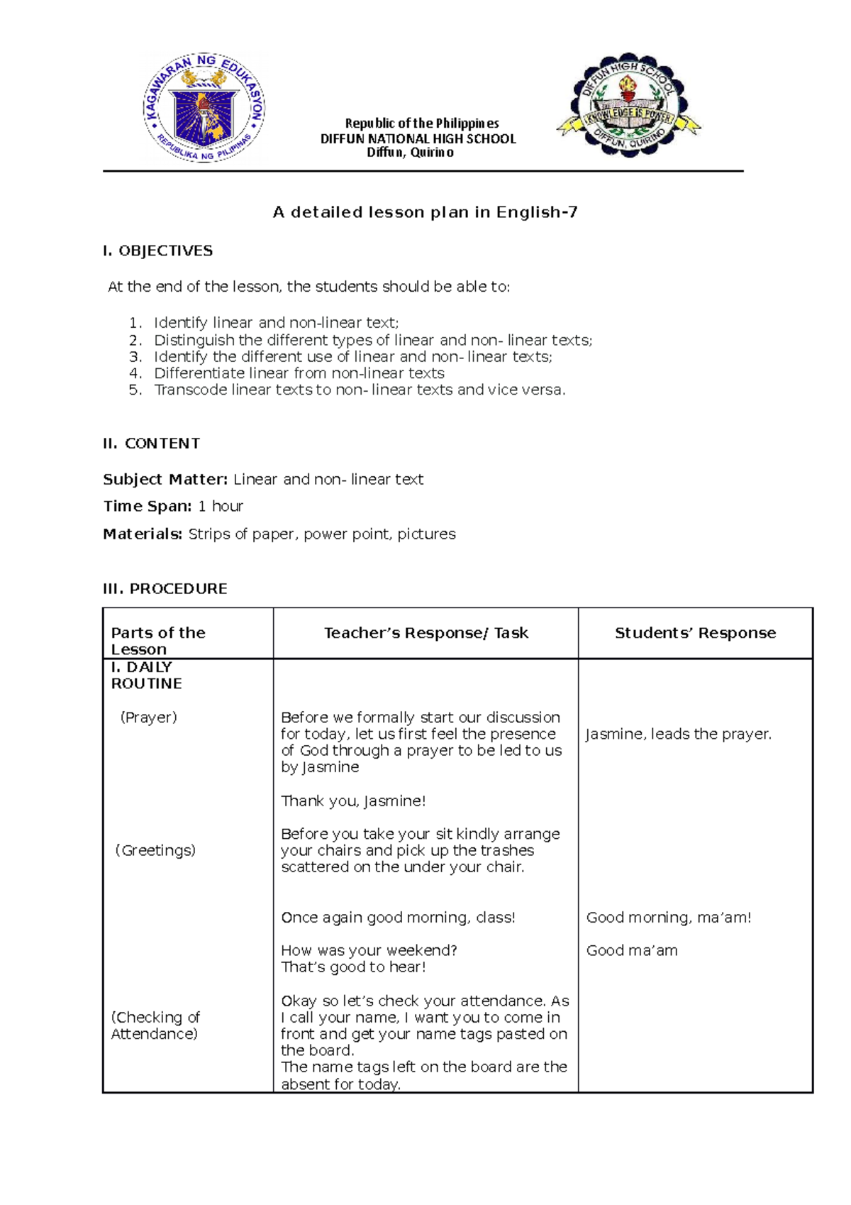 My lesson plan - A detailed lesson plan in English- I. OBJECTIVES At ...