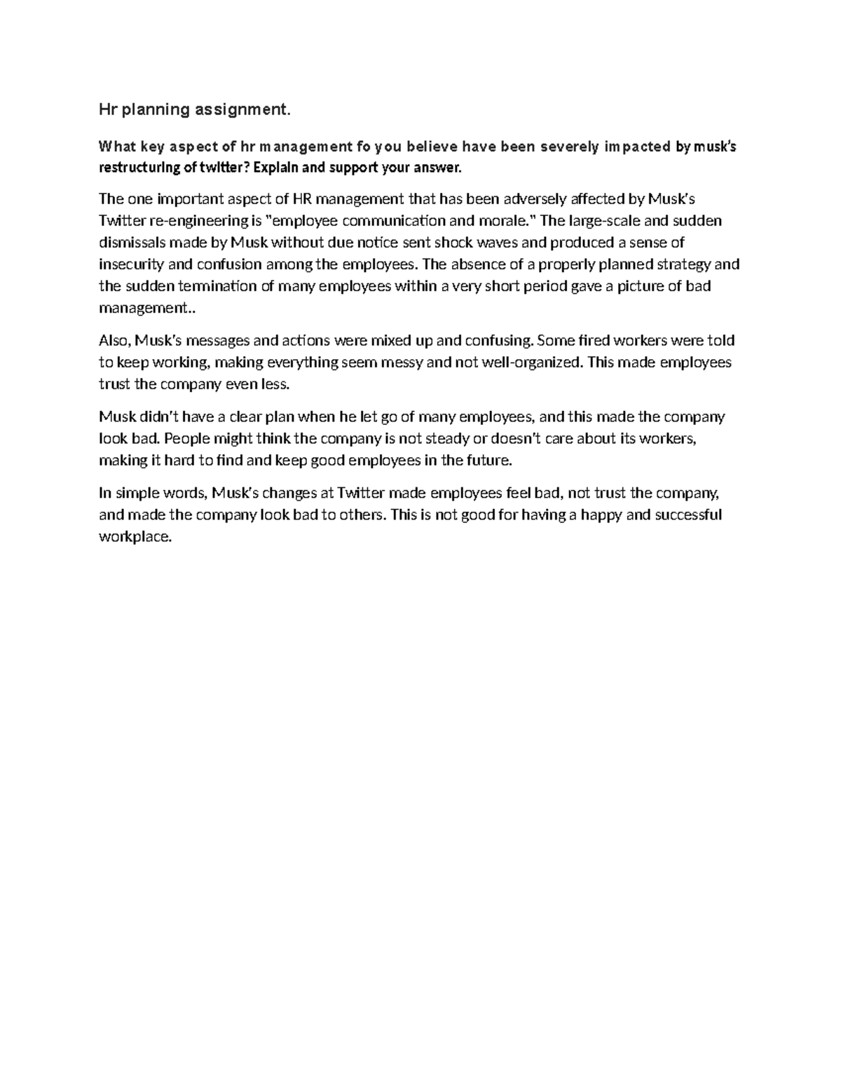 Hr planning assignment - What key aspect of hr management fo you ...