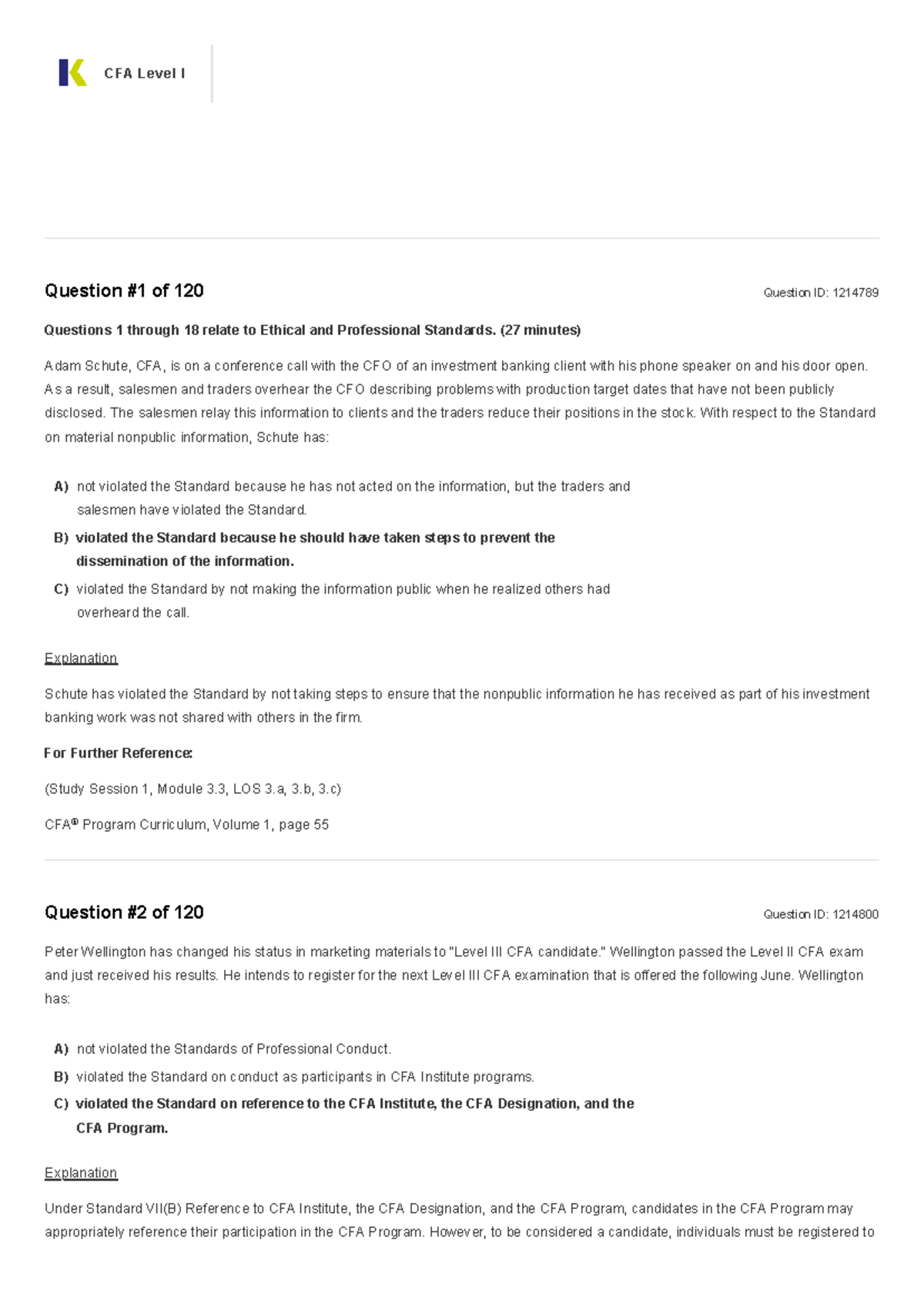 V2 Exam 2 PM - Answers - CFA Level I Exams - Question #1 of 120 ...