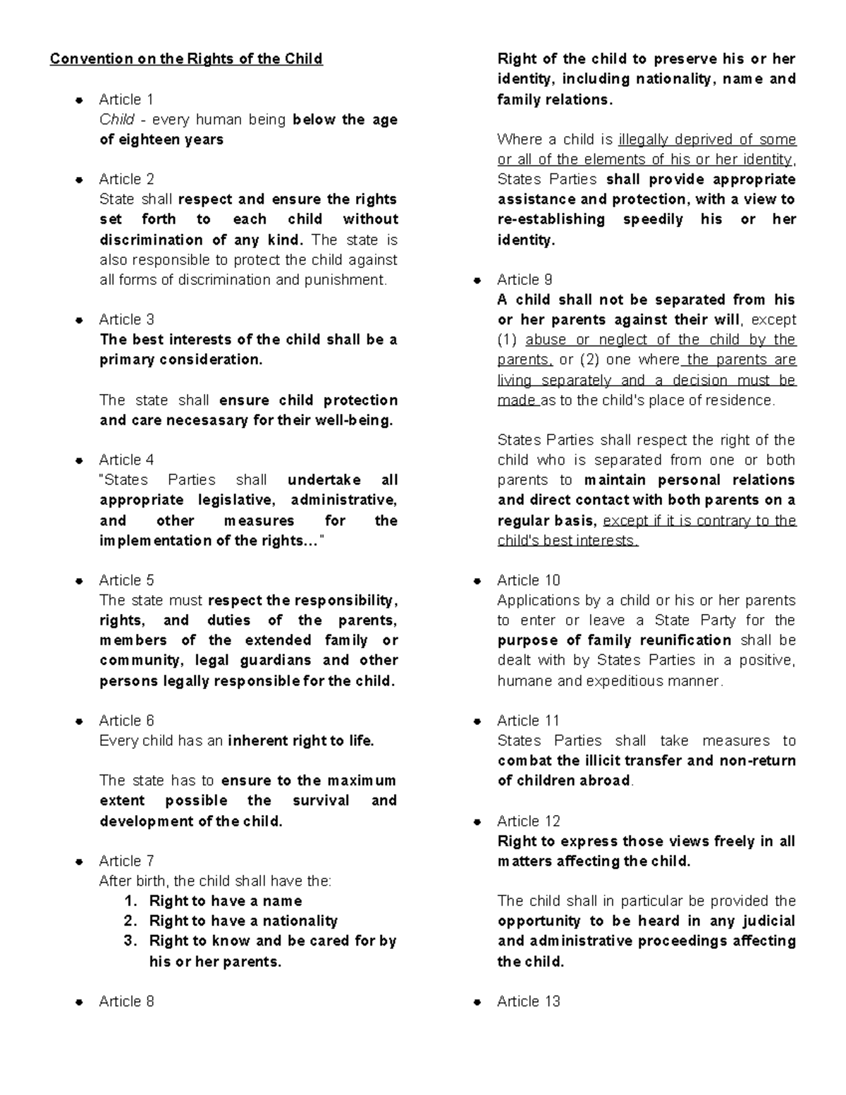 Children Rights Notes - Convention on the Rights of the Child Article 1 ...