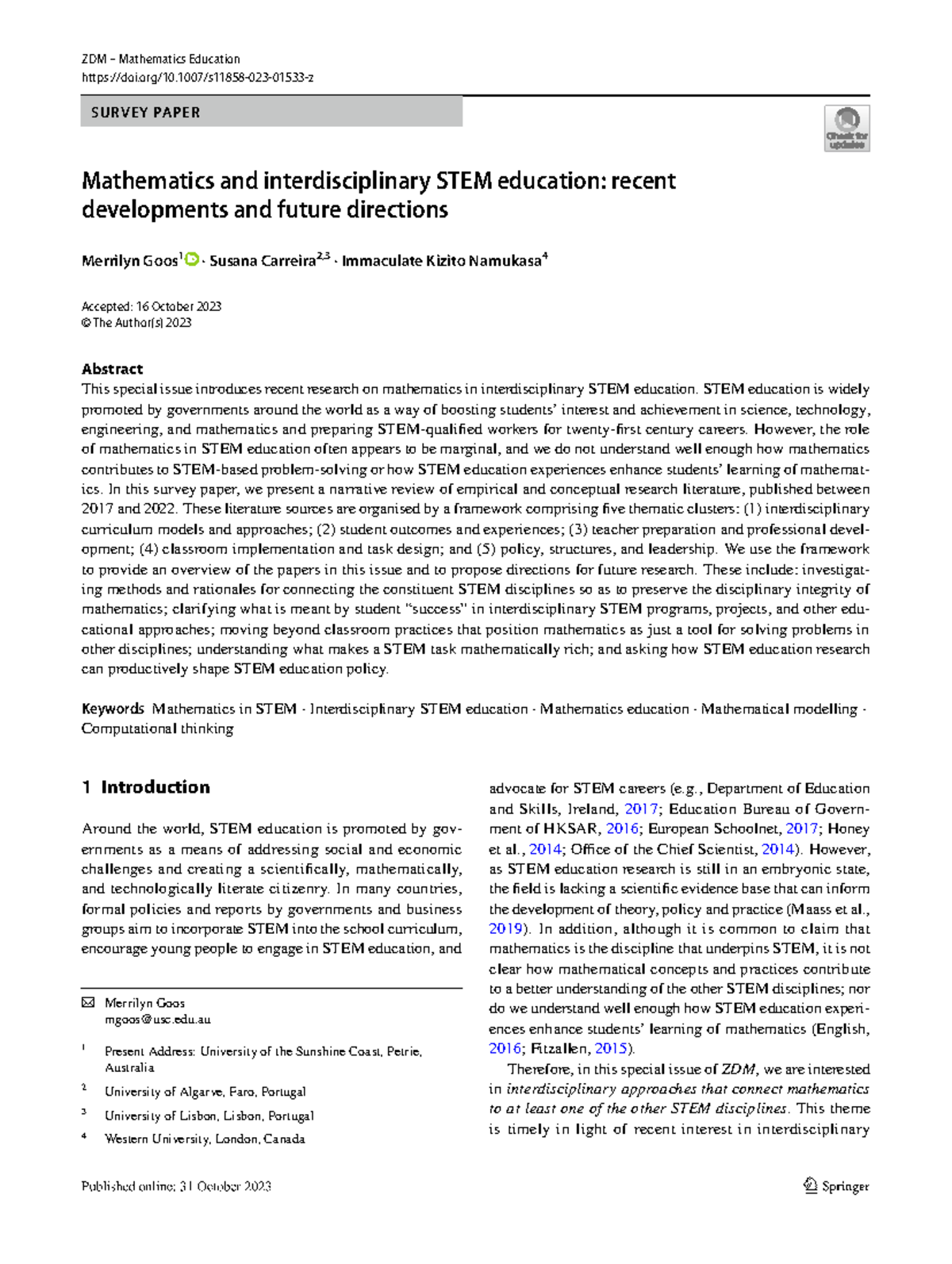 Mathematics and interdisciplinary STEM education r - Vol.:(0123456789)1 ...