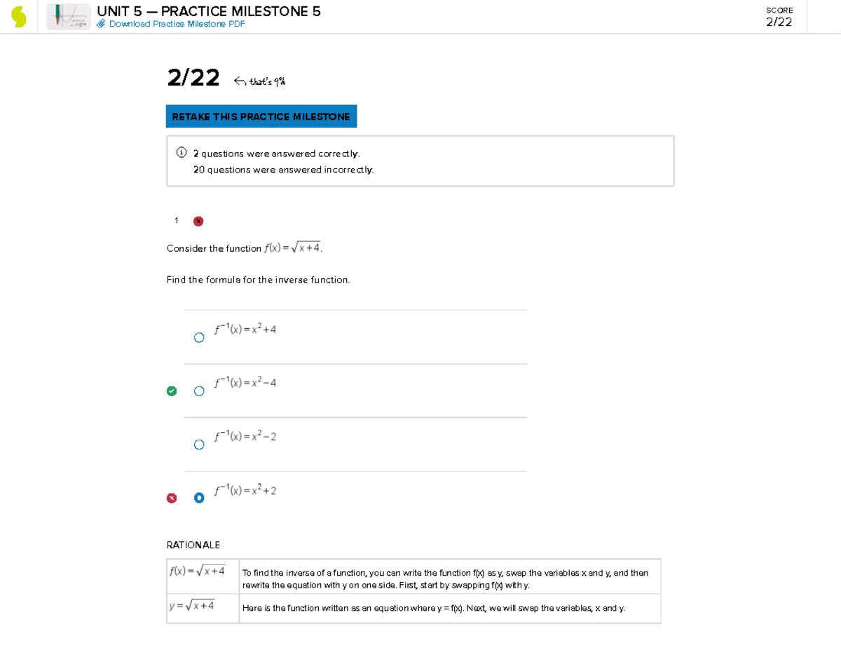 Sophia College Algebra Practice Milestone 5 1 2 22 That s 9 RETAKE