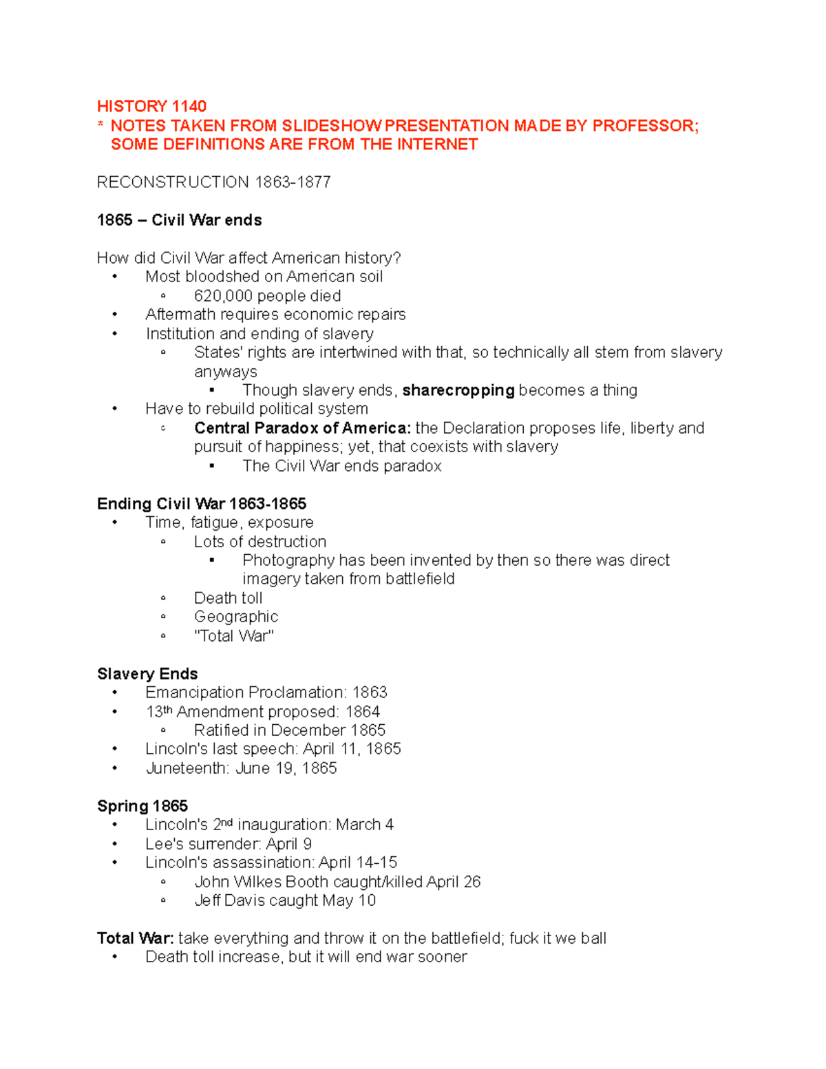 History 1140: Reconstruction - HISTORY 1140 * NOTES TAKEN FROM ...