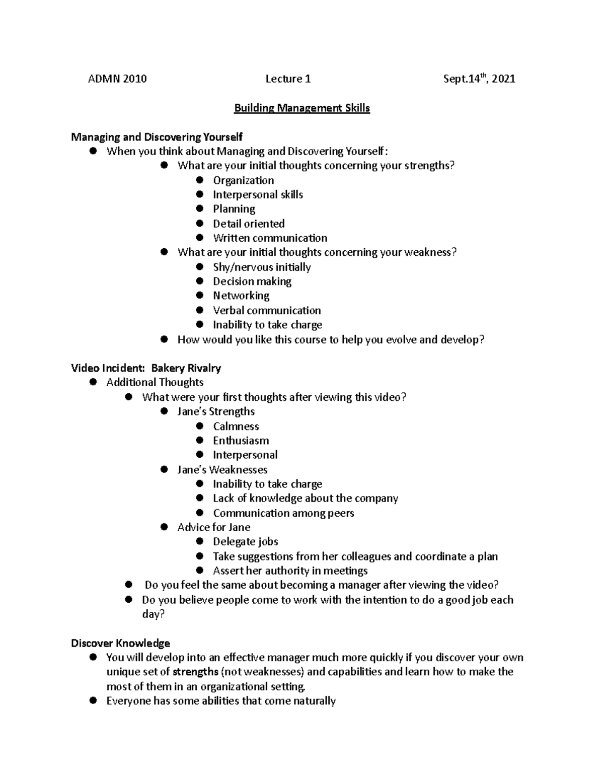 Week 1 ADMN 2010 Lecture 1 - ADMN 2010 Lecture 1 Sept, 2021 Building Management Skills Managing ...