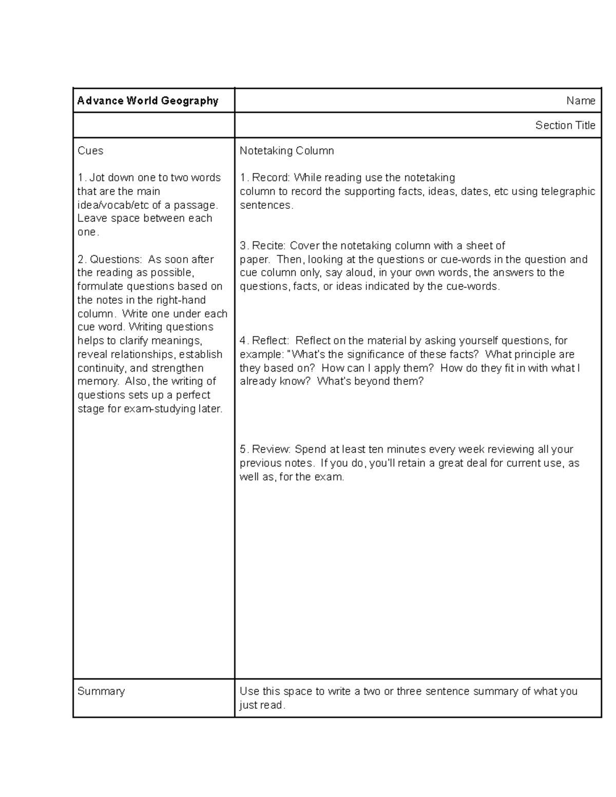 Advance World Geography Cornell Notes - Advance World Geography Name ...