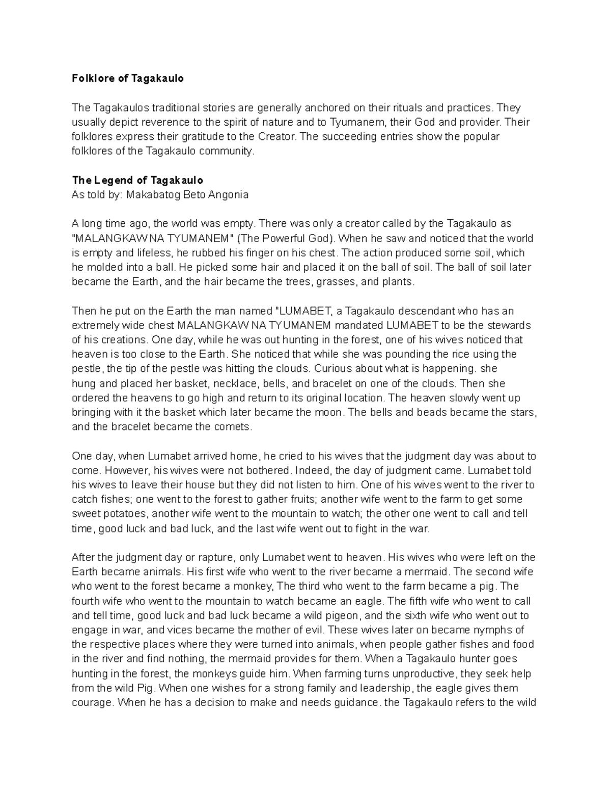 Folklore of Tagakaulo - Nothing more - Folklore of Tagakaulo The ...