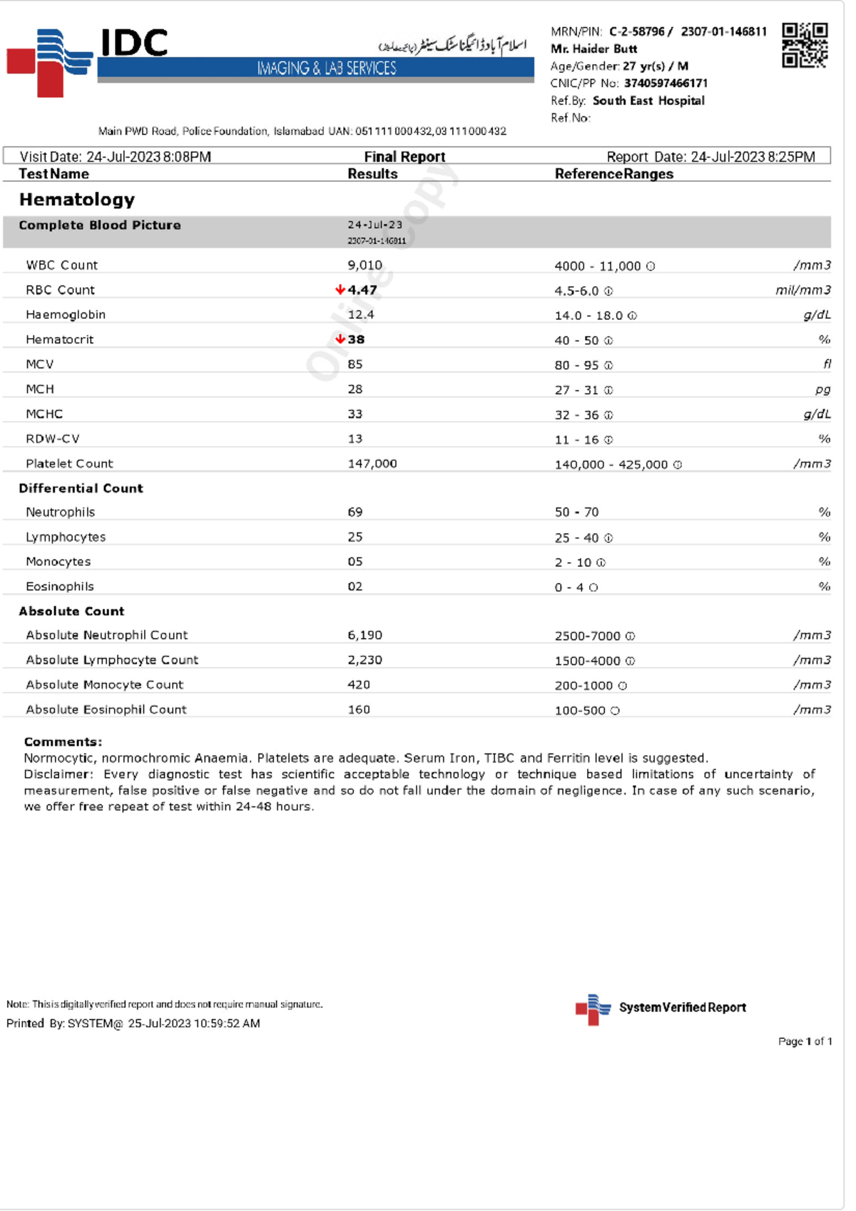 Patient Report PDF - IDC Mr. Haider Butt IMAGING LAB SERVICES 27 yr(s ...