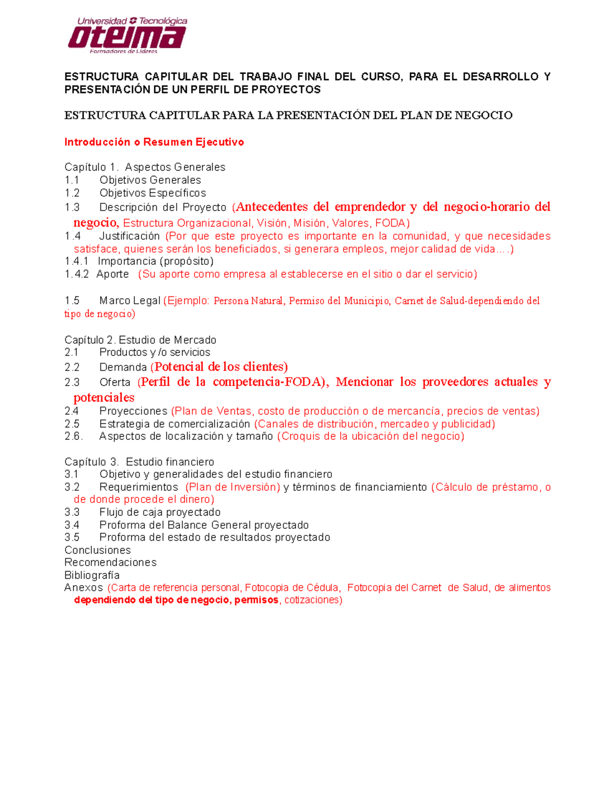 Partes del Plan de Negocios formación de empresa - ESTRUCTURA CAPITULAR ...