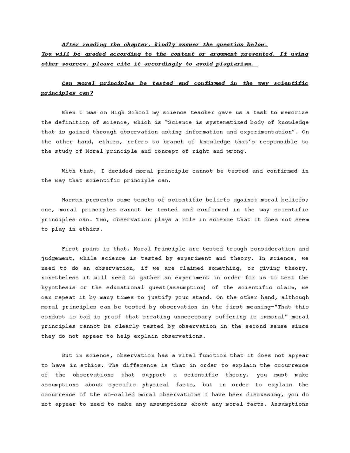 Ethics Bumanlag John Mark s - After reading the chapter, kindly answer the question below. You ...