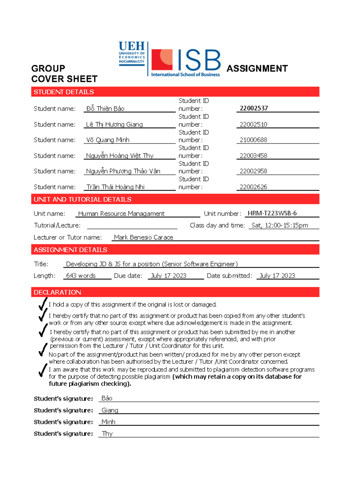 HRM6 Group 3 Group Assignment 1 - GROUP ASSIGNMENT COVER SHEET STUDENT DETAILS Student name: Đỗ ...