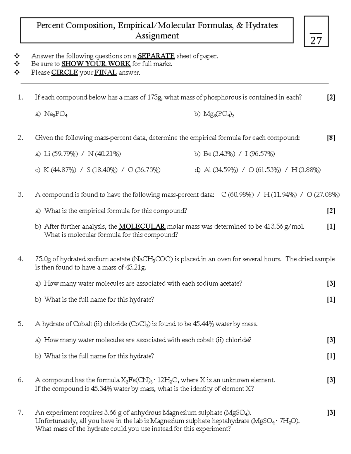 % Composition + Empirical + Molecular + Hydrates Assignment (2022 ...