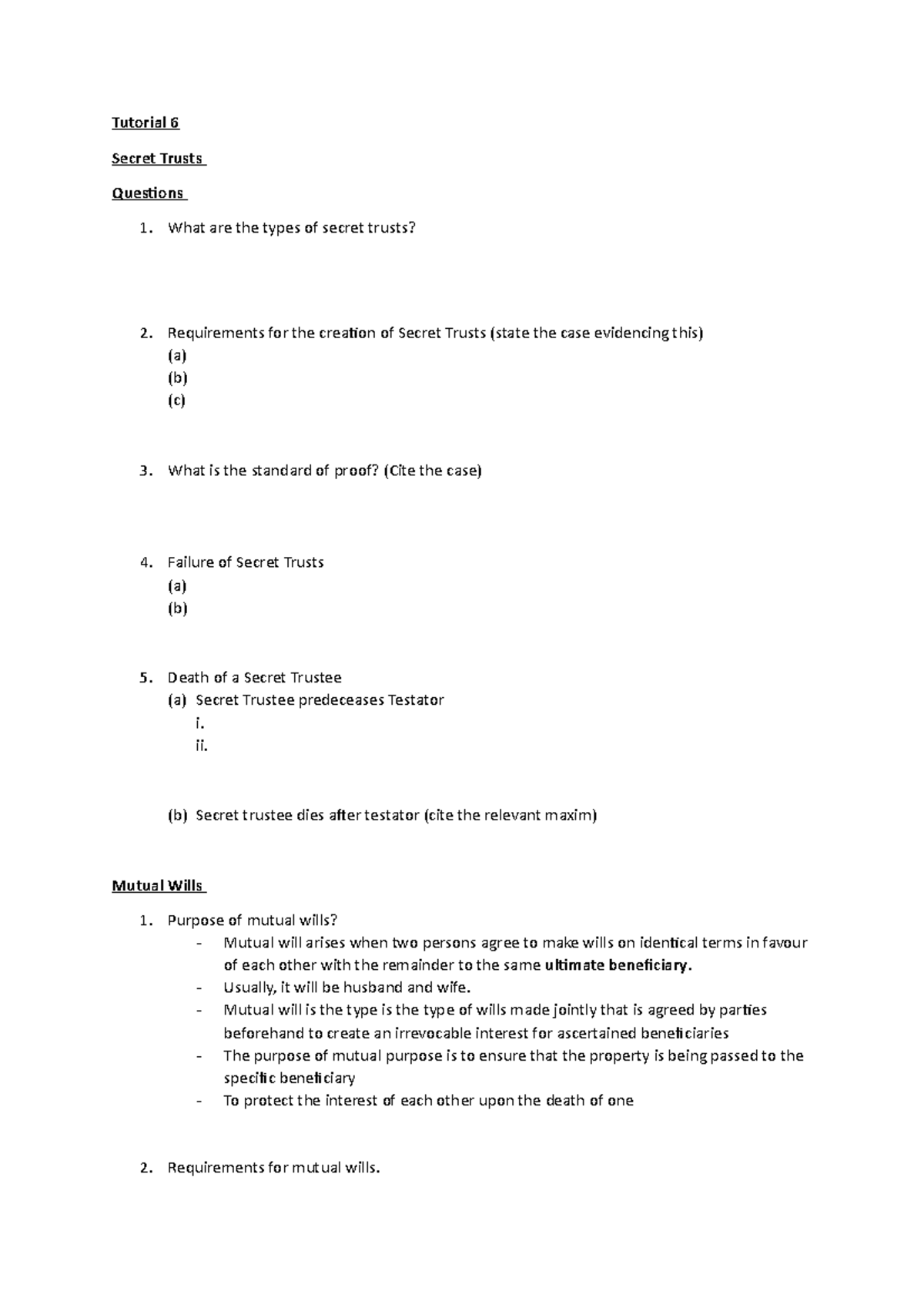 Tutorial 6 - Tutorial 6 Secret Trusts Questions What are the types of secret trusts ...