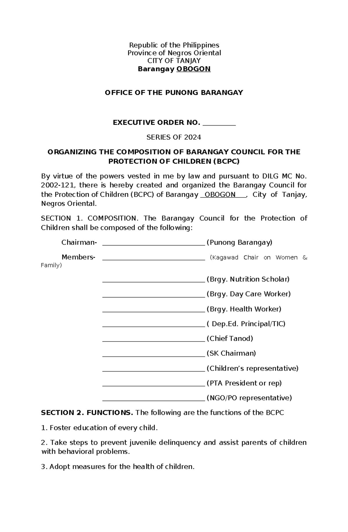 Executive orders BCPC - Republic of the Philippines Province of Negros ...