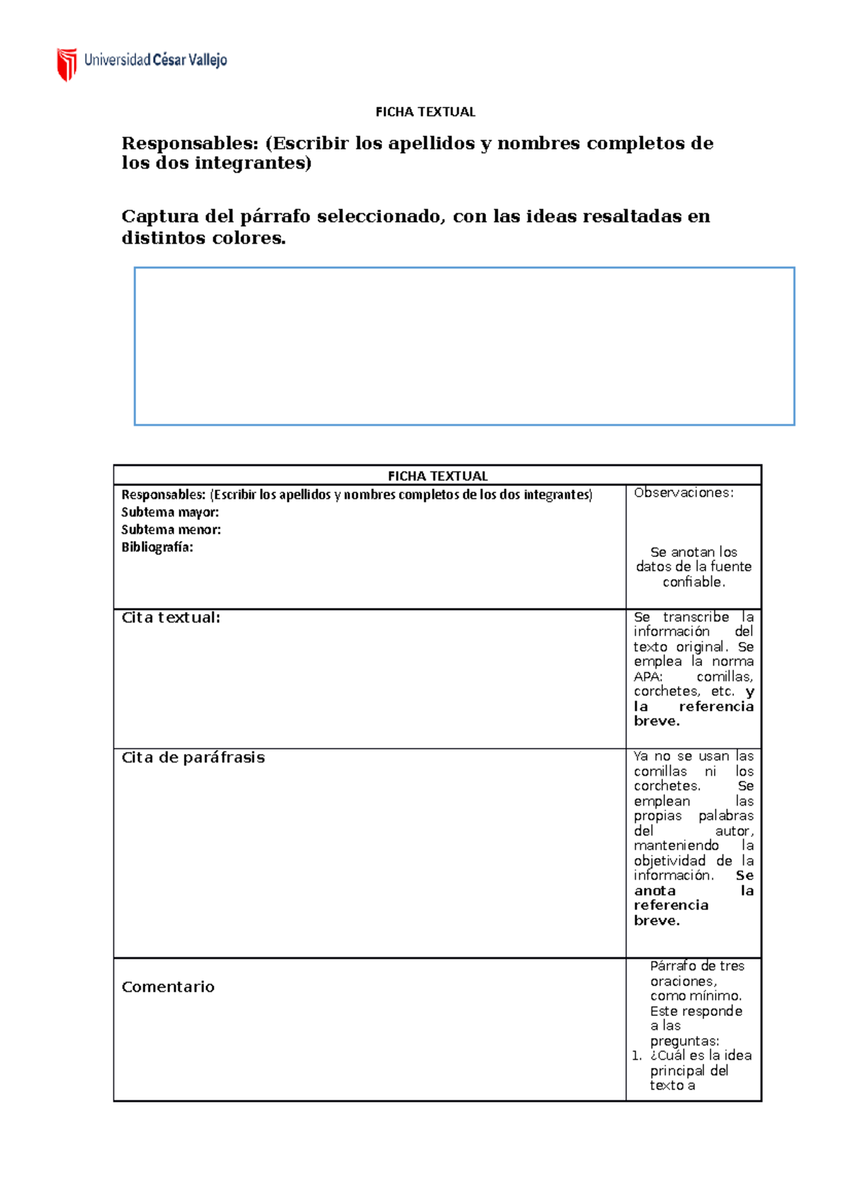 Formato DE LA Ficha Textual LN - FICHA TEXTUAL Responsables: (Escribir ...