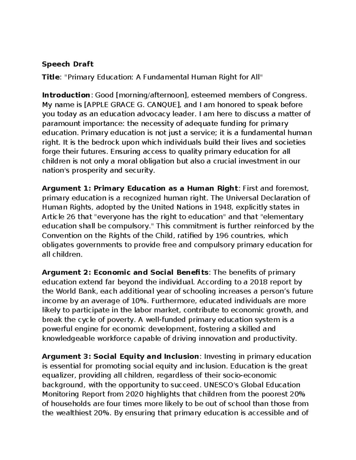 Speech for culsocpol - eNJOY - Speech Draft Title: "Primary Education ...