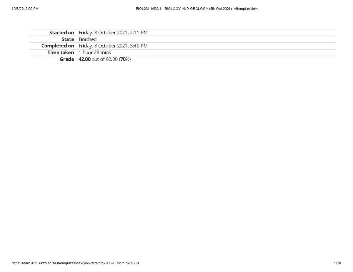 BIOL231 MSA 1 - Biology AND Geology (8th Oct 2021) Attempt review 2 ...