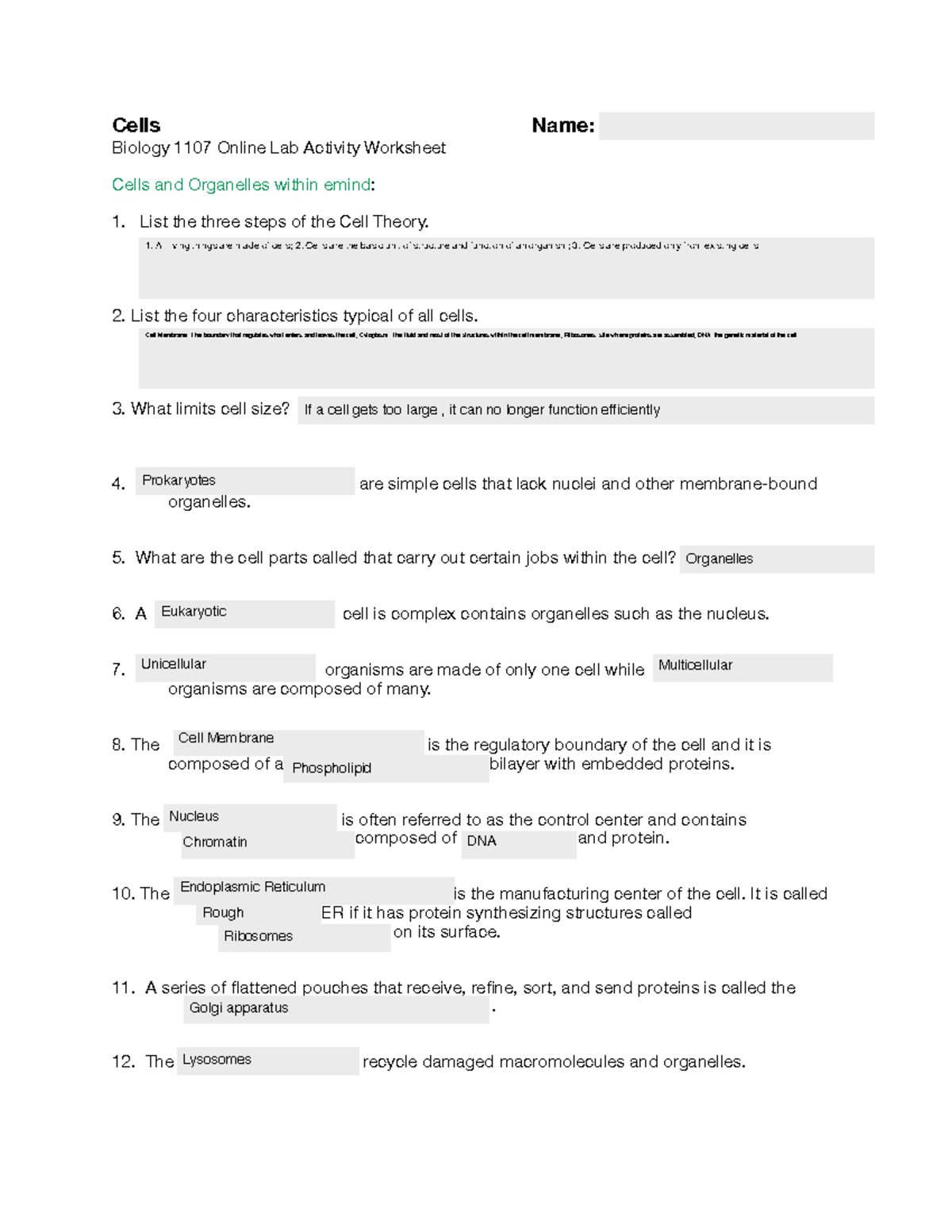 Cells Lab BIO 1107 - Cells Name: Biology 1107 Online Lab Activity ...