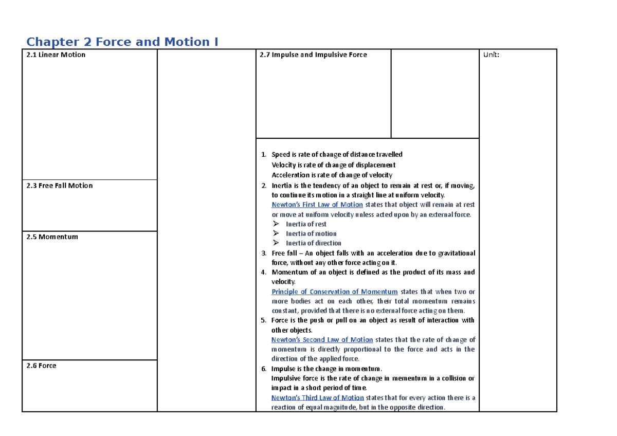 Phy F4 C2 - Short notes - Chapter 2 Force and Motion I 2 Linear Motion ...