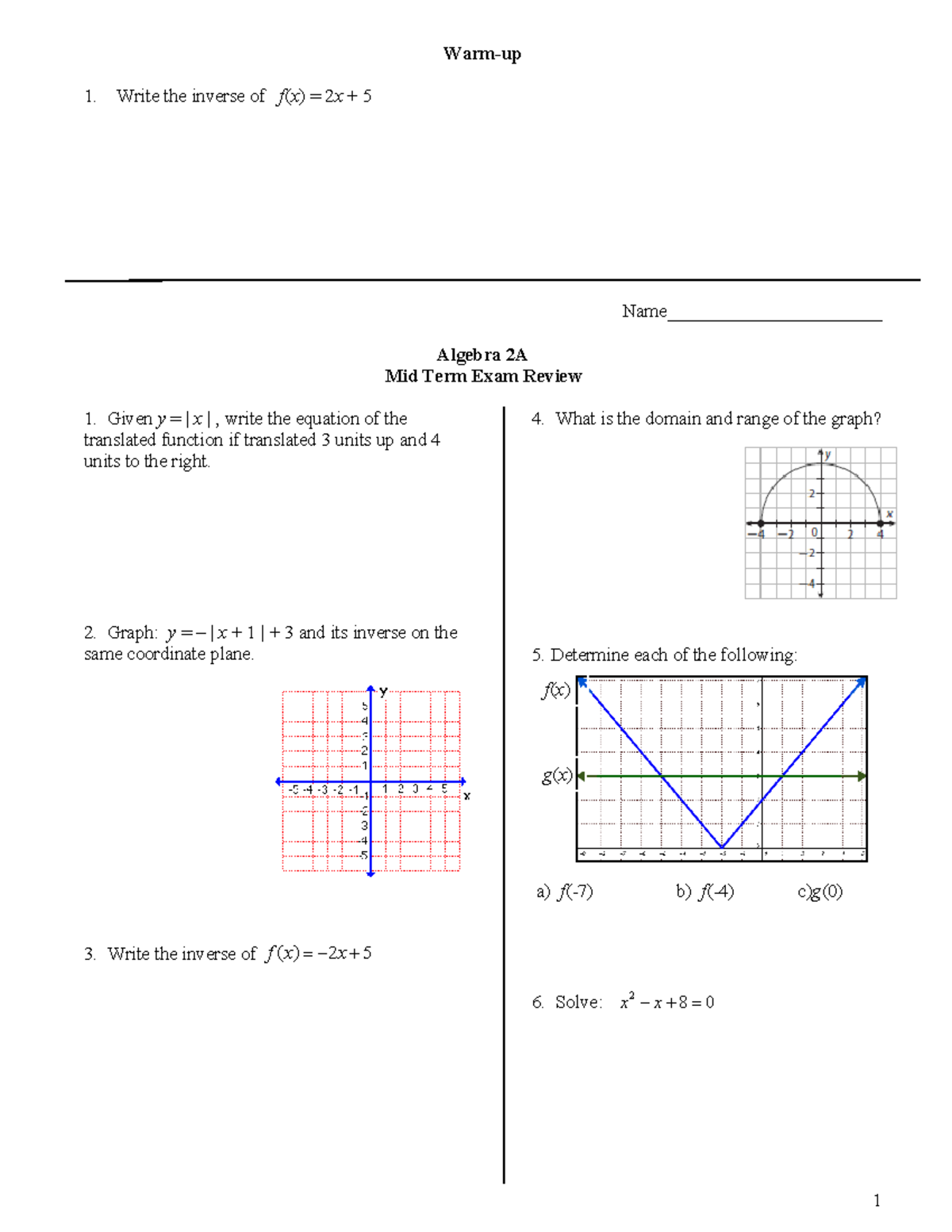 Alg 2A Mid Term Review 1 (21) - 1 Warm-up Write the inverse of f(x ...