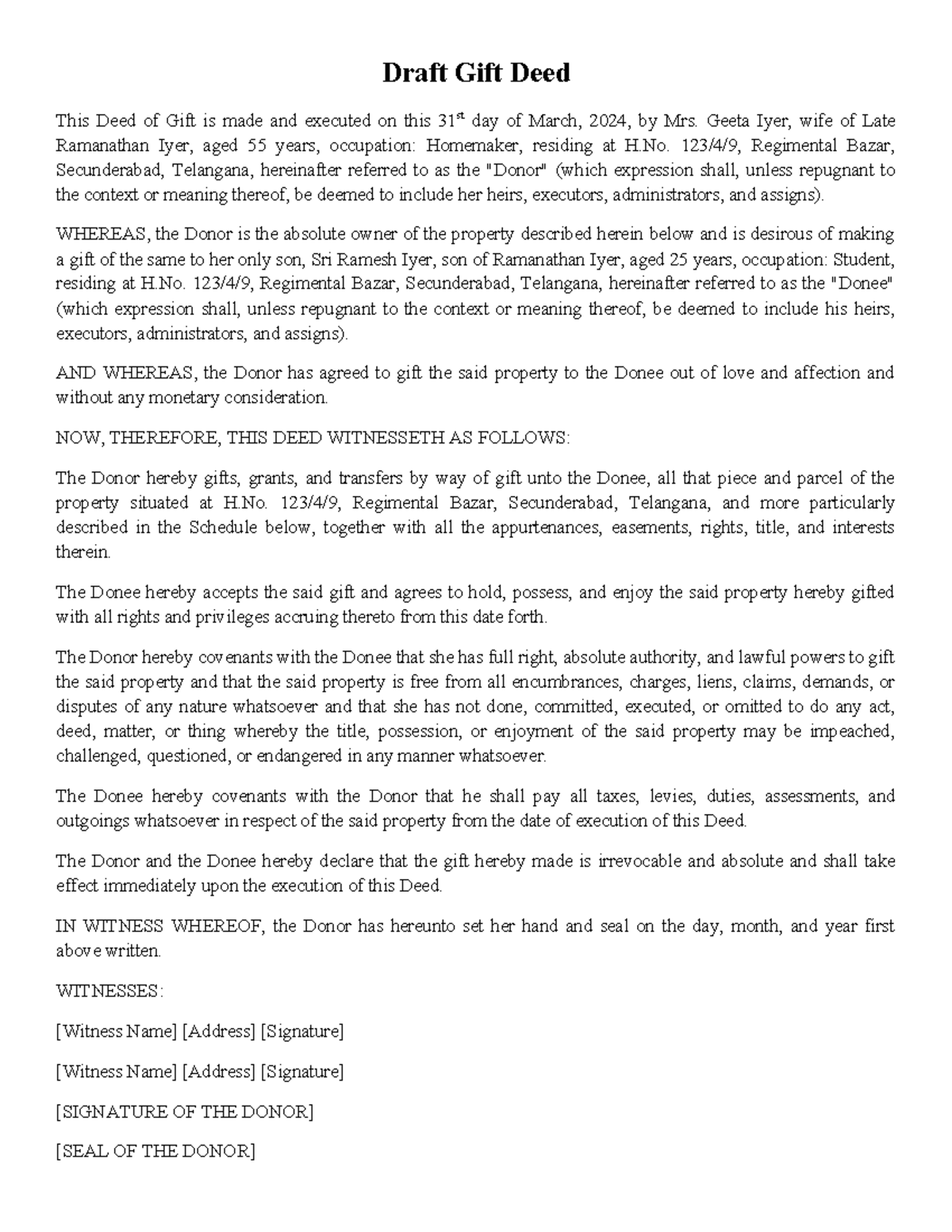 Gift Deed - gift deed - Draft Gift Deed This Deed of Gift is made and ...
