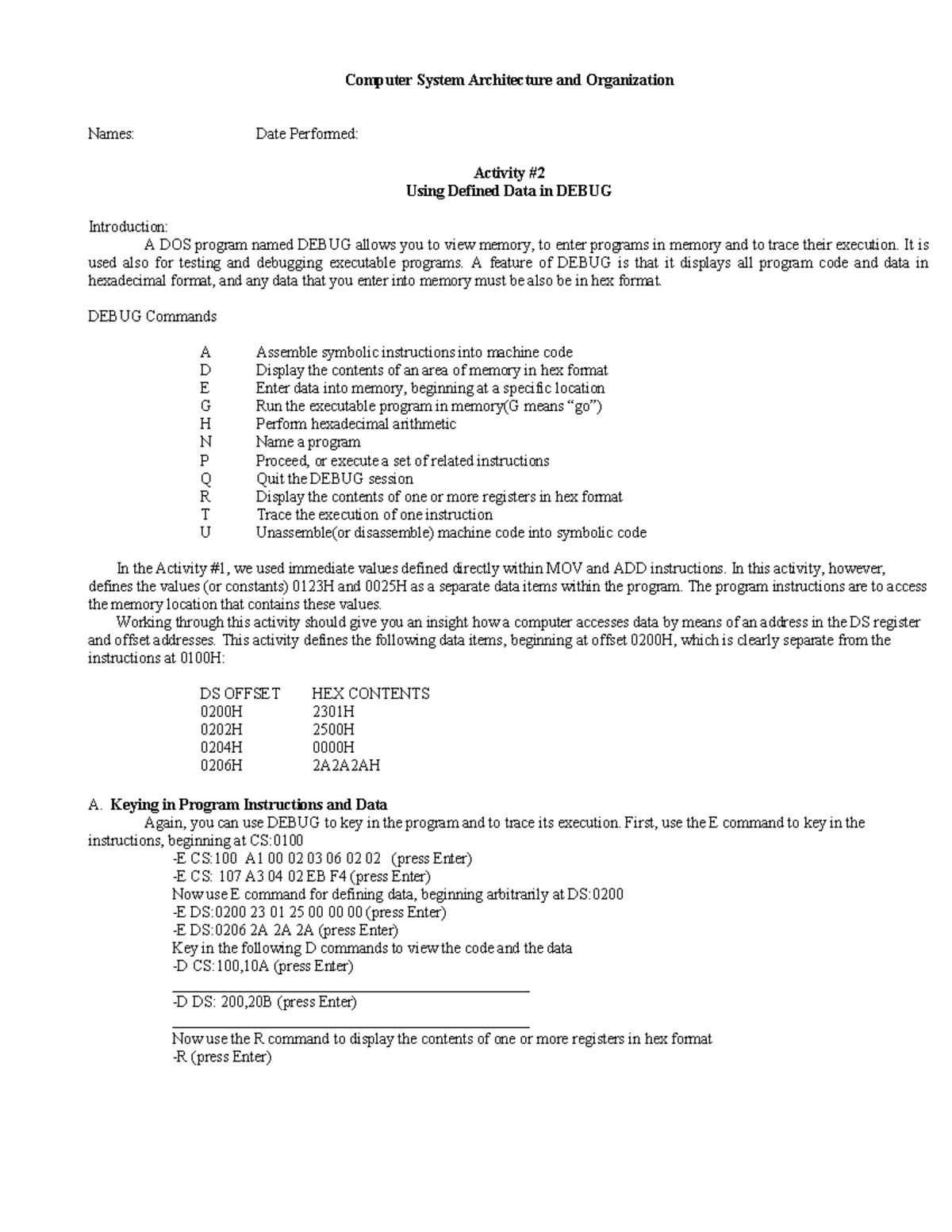 Activity#2 - Good Luck - Computer System Architecture and Organization Names: Date Performed ...