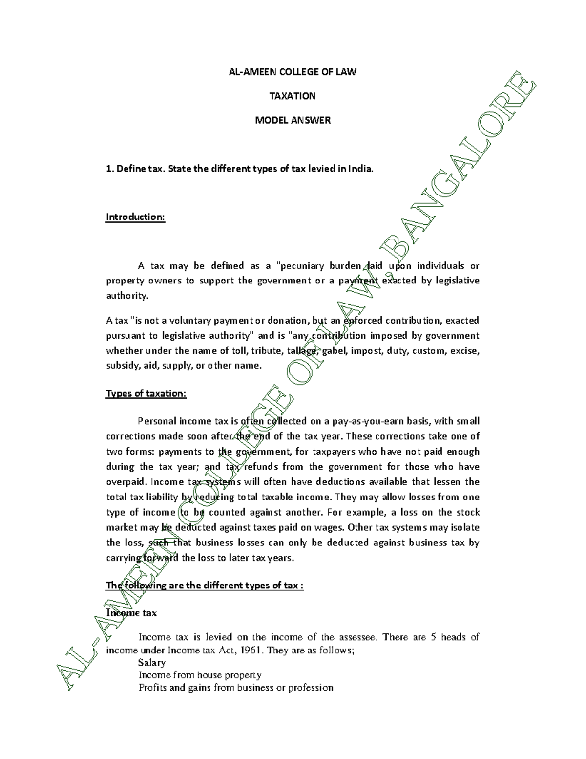 llb notes and questions - AL-AMEEN COLLEGE OF LAW TAXATION MODEL ANSWER ...