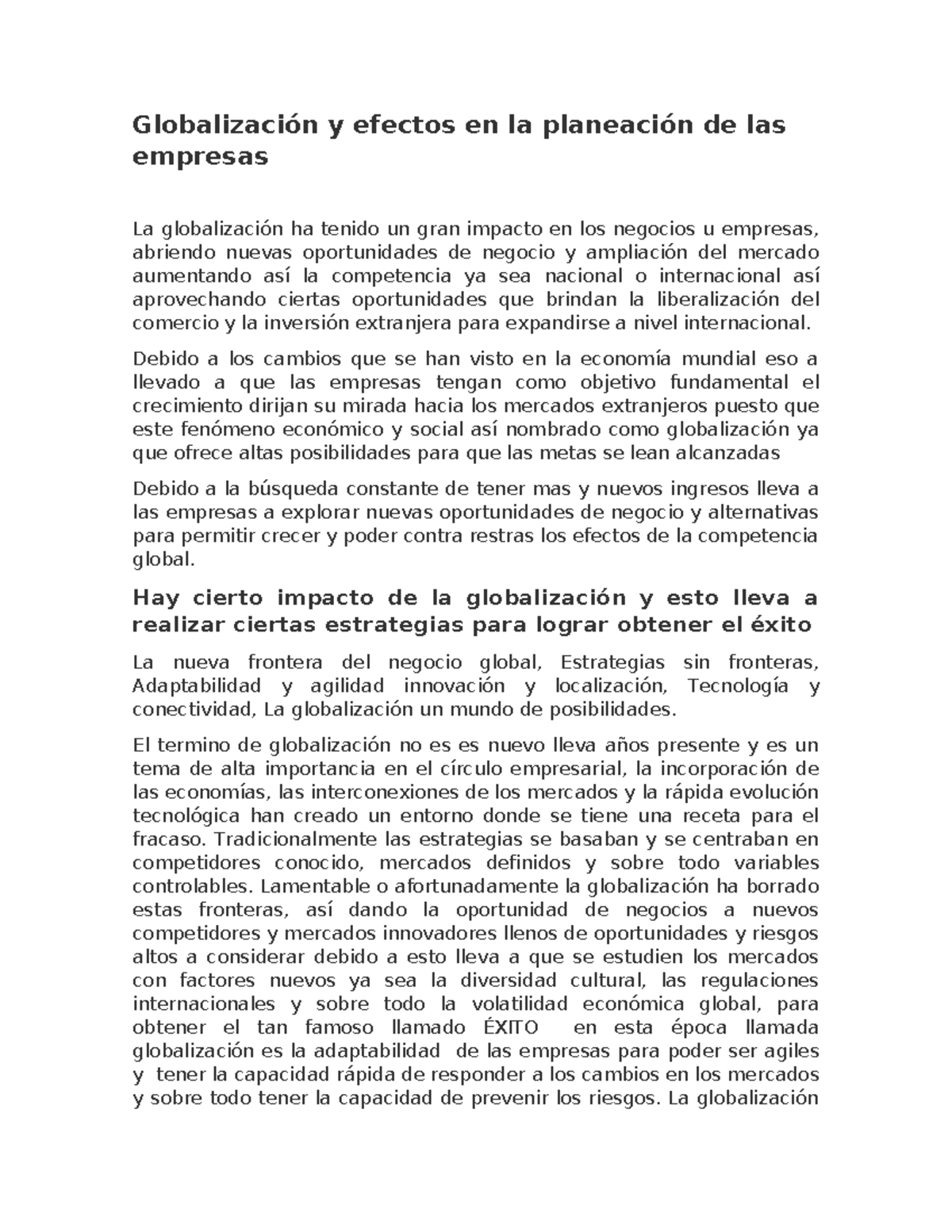Ensayo Globalización y efectos en la planeación de las empresas- Eric ...