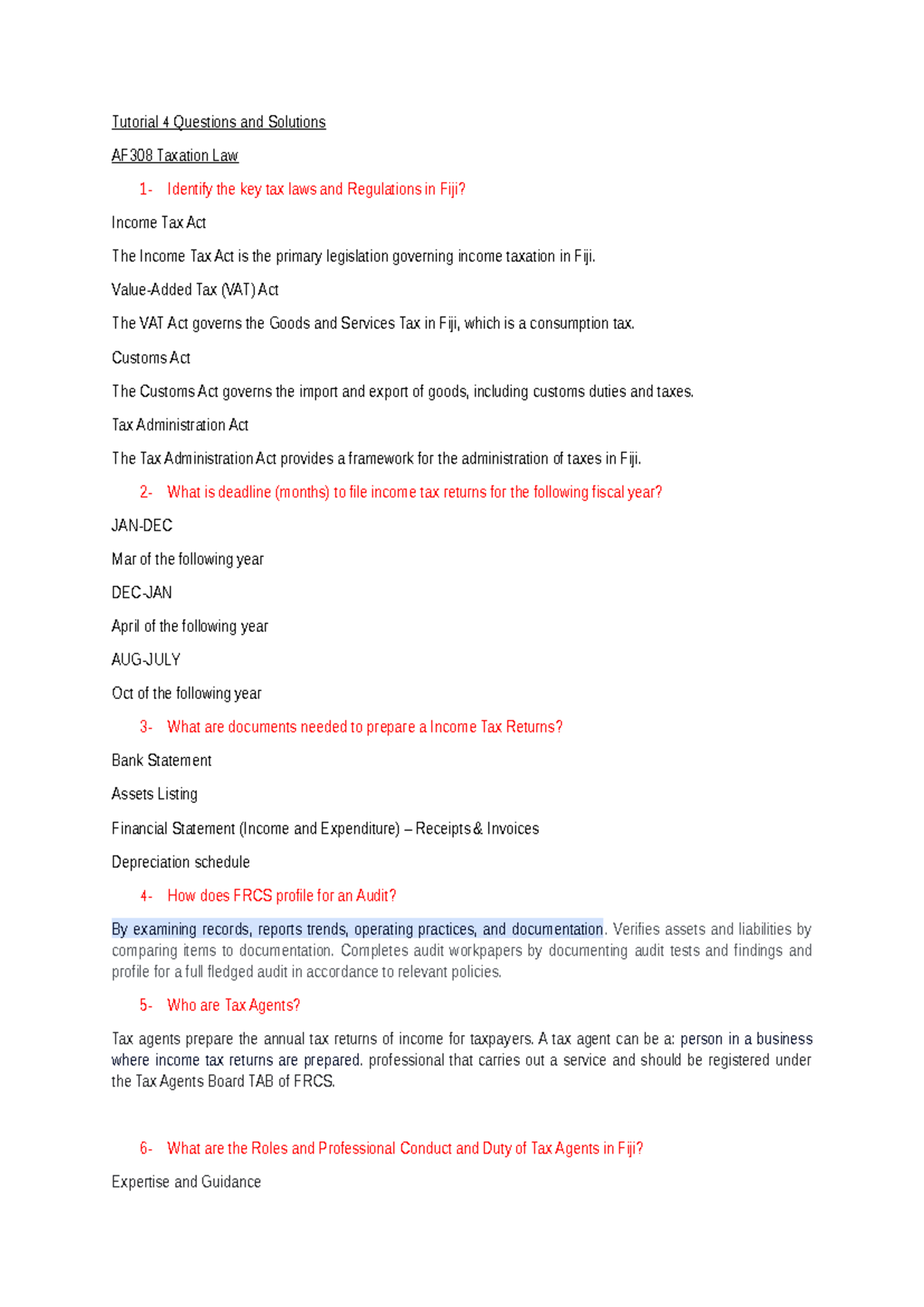 Tutorial 4 Questions and Solutions - Tutorial 4 Questions and Solutions AF308 Taxation Law 1 ...