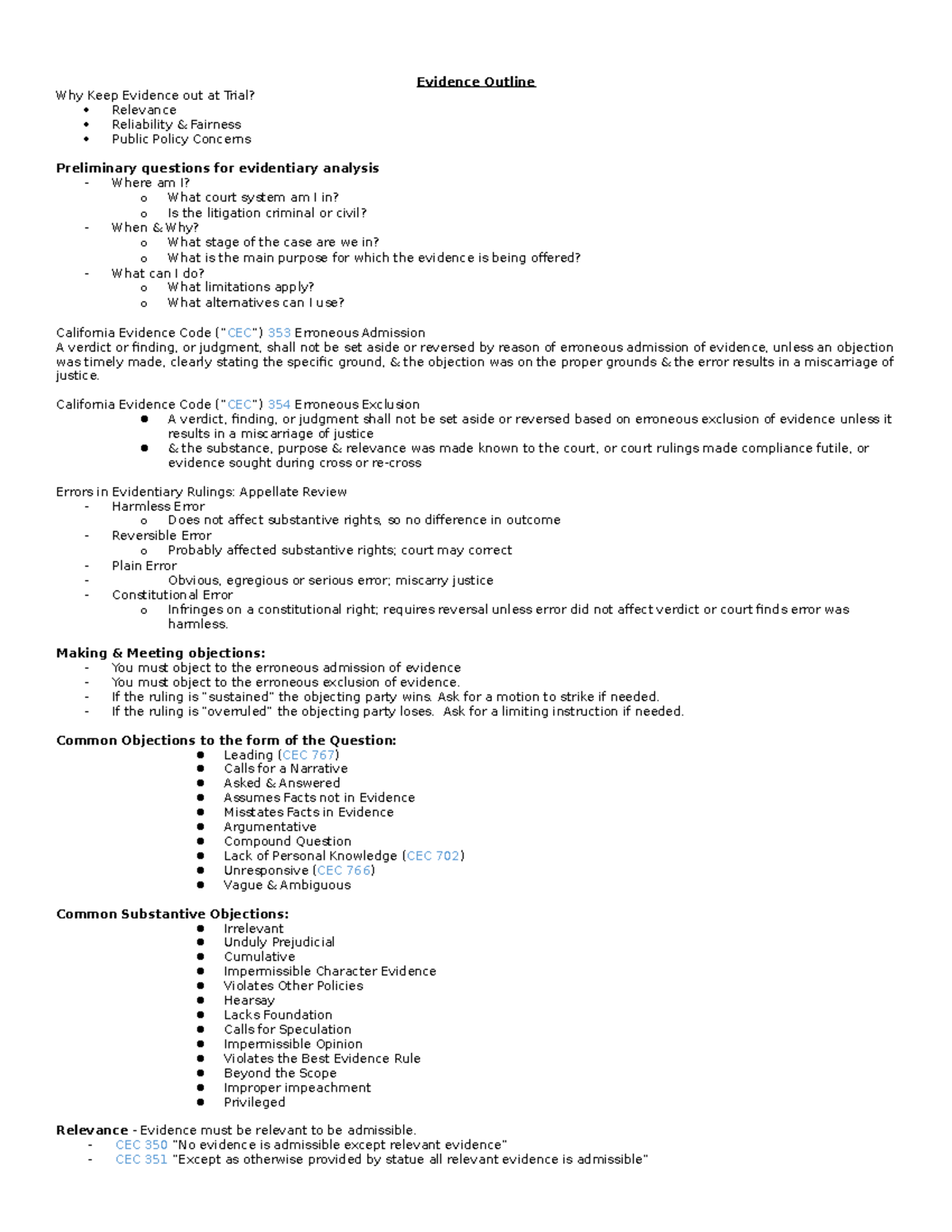 Outline Evidence for final exam - Evidence Outline Why Keep Evidence ...