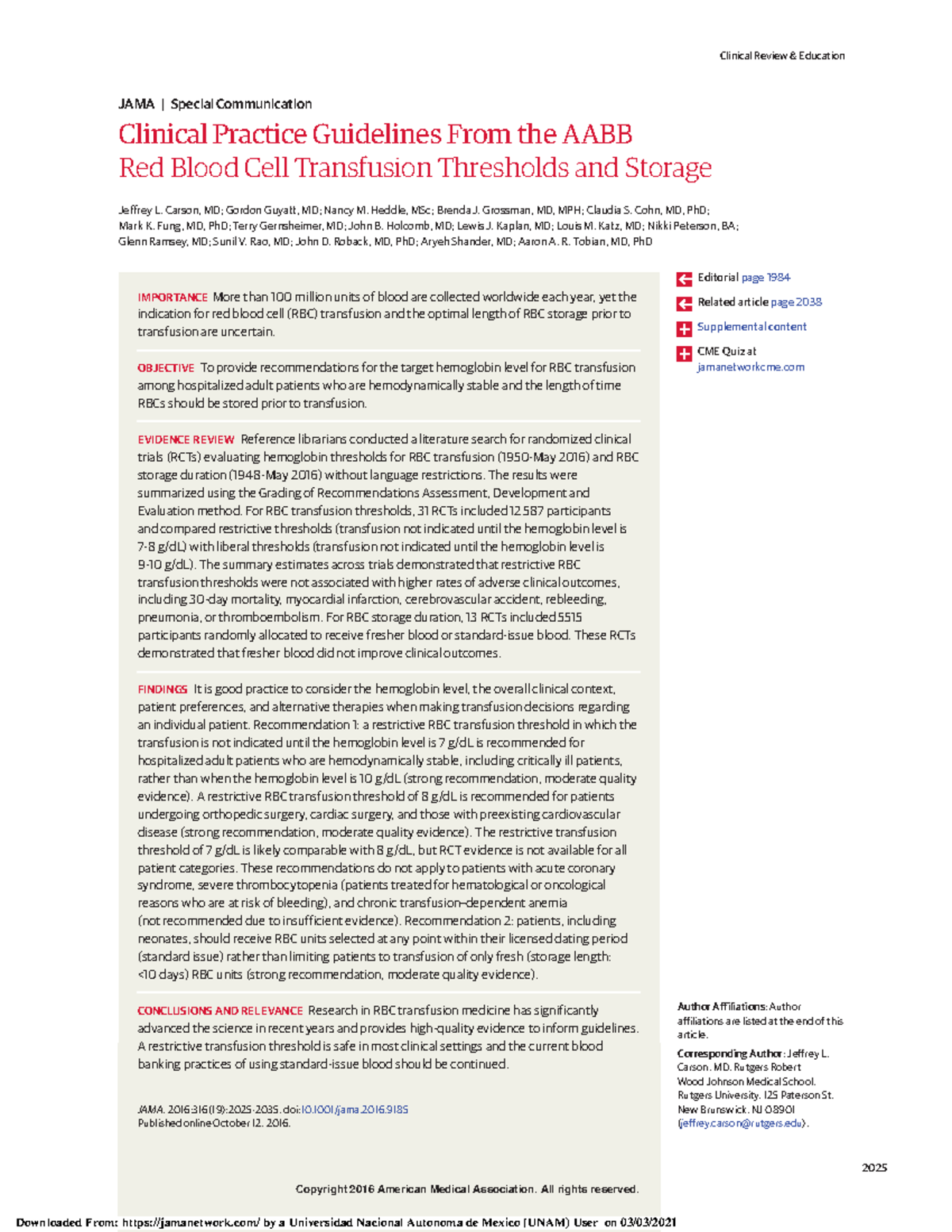Clinical Practice Guidelines From the AABB Red Blood Cell Transfusion ...