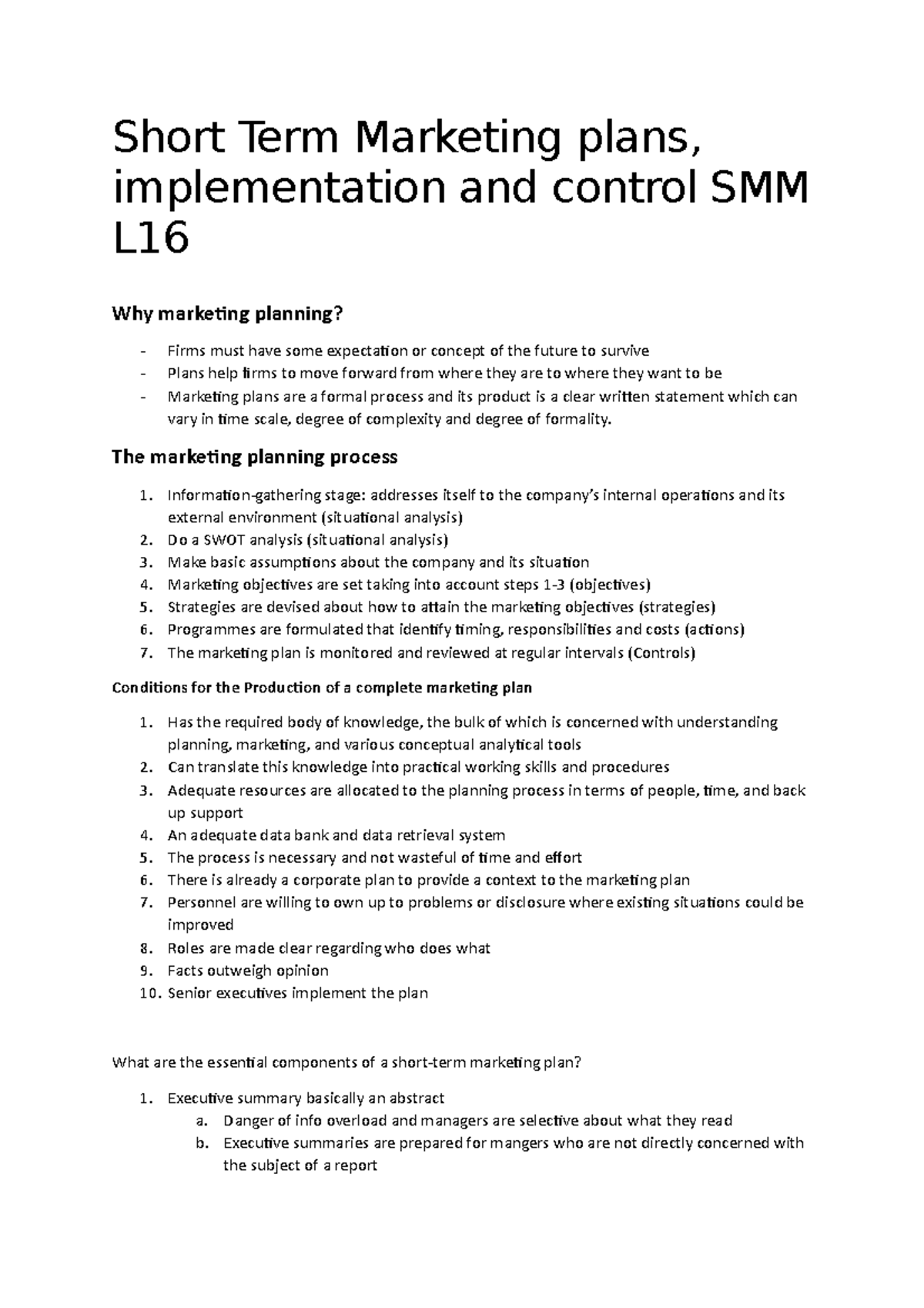 L16 Short Term Marketing plans implementation and control SMM - Short ...