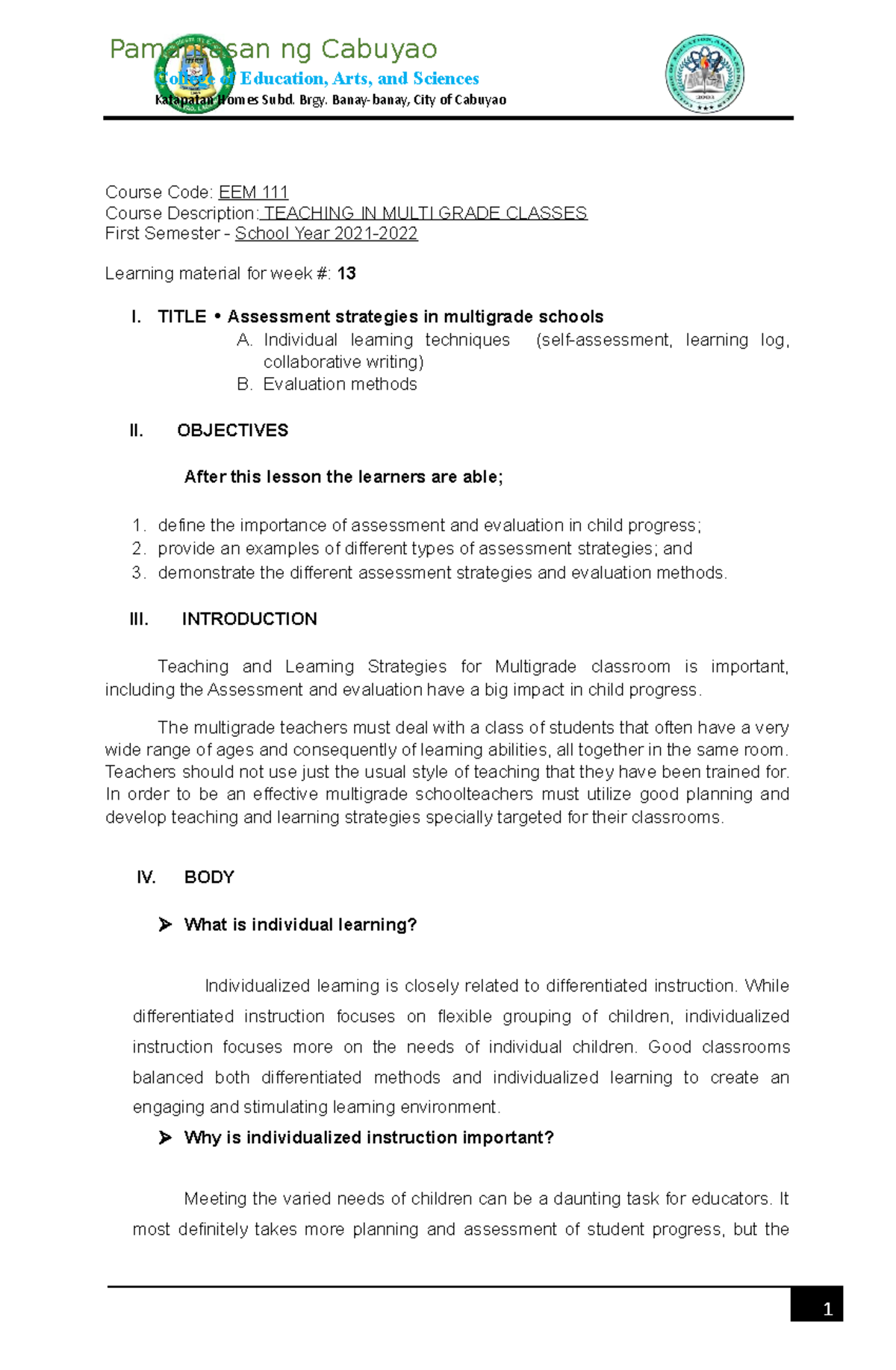 LM- Topic-NO.-7 - Learning Material in Teaching Multigrade Classes - College of Education, Arts ...