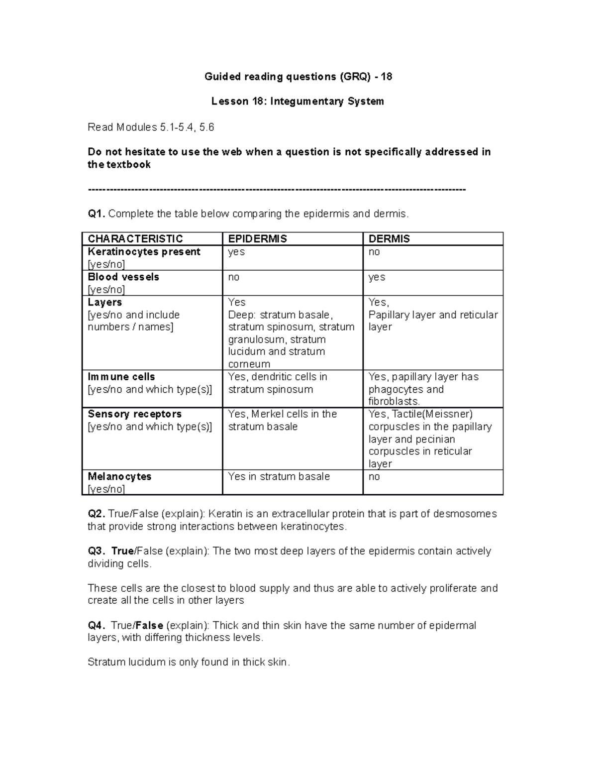 GRQ-18 Integumentary - Guided reading questions (GRQ) - 18 Lesson 18 ...