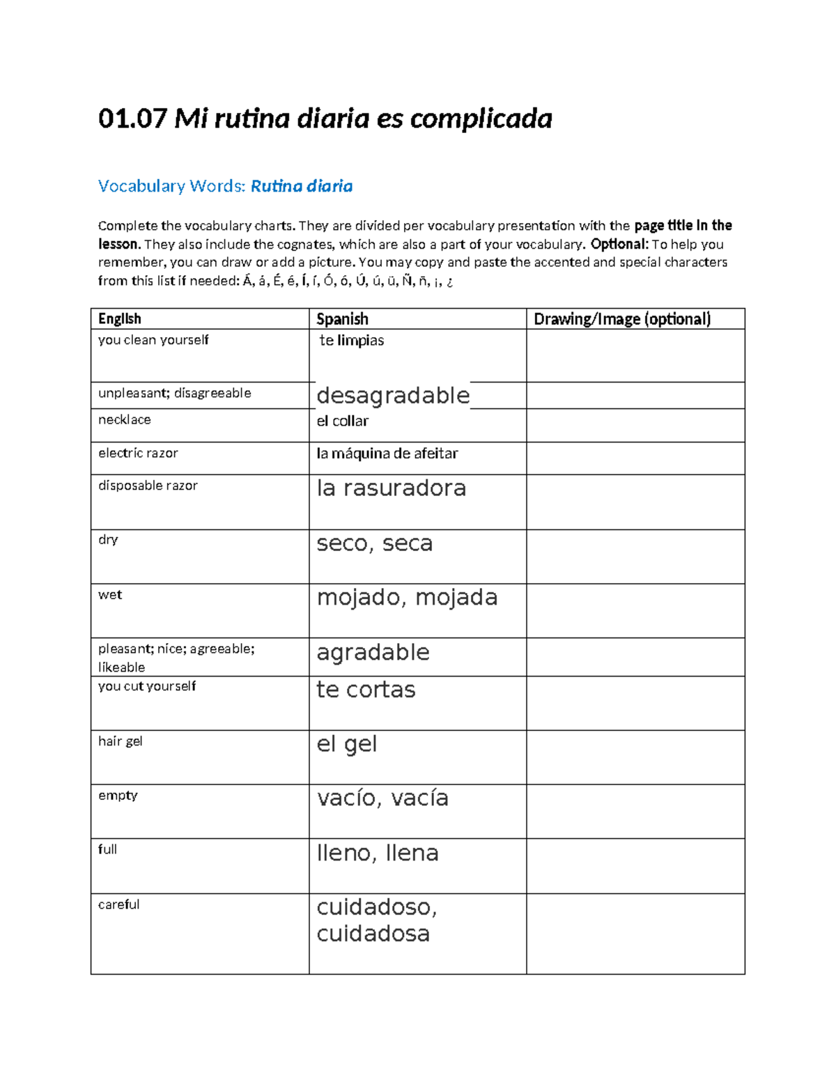 01 07 notes - 01 Mi rutina diaria es complicada Vocabulary Words ...