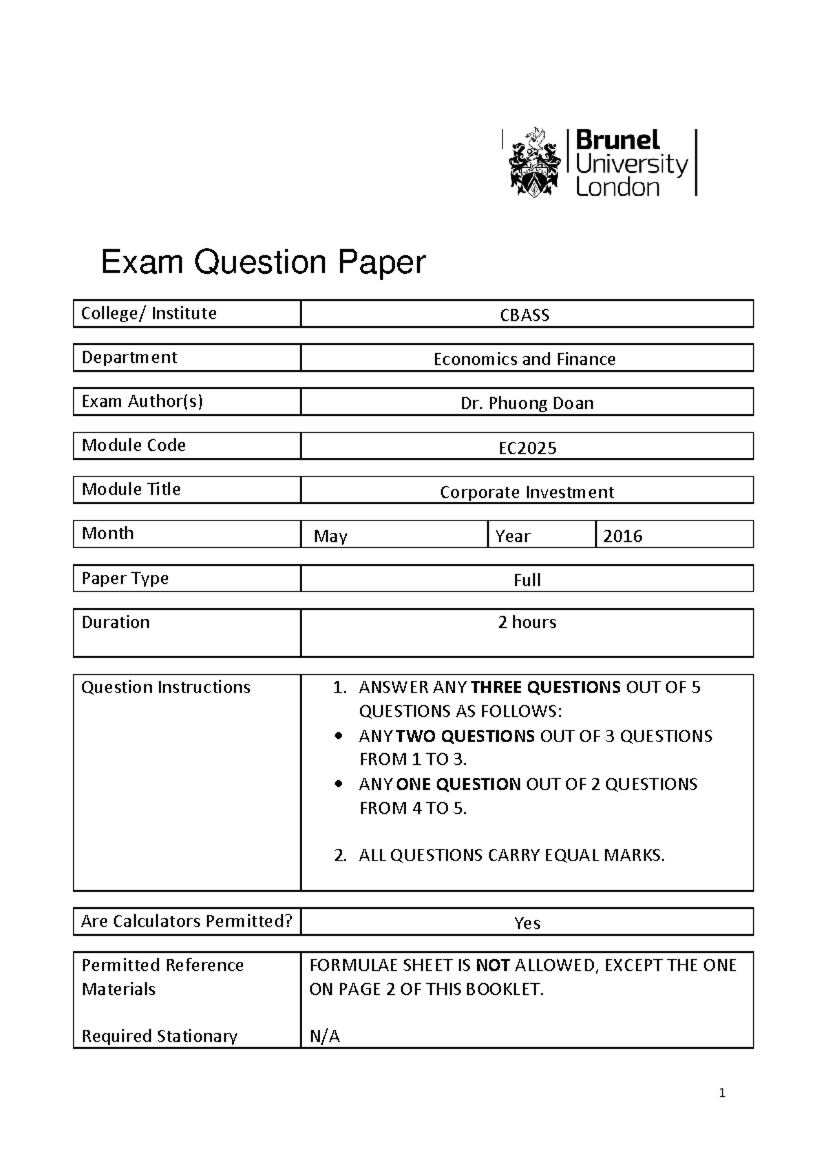 EC2025 Exam paper - Exam Question Paper College/ Institute CBASS ...