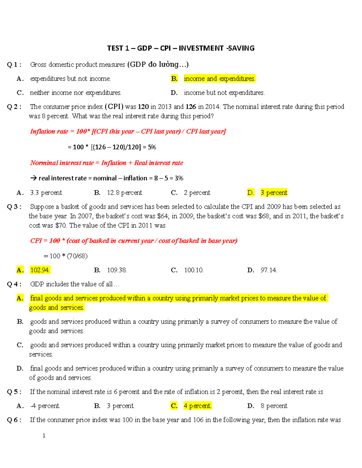 TEST 1 - Macro -GPD CPI -50 câu - co dap an - TEST 1 – GDP – CPI ...
