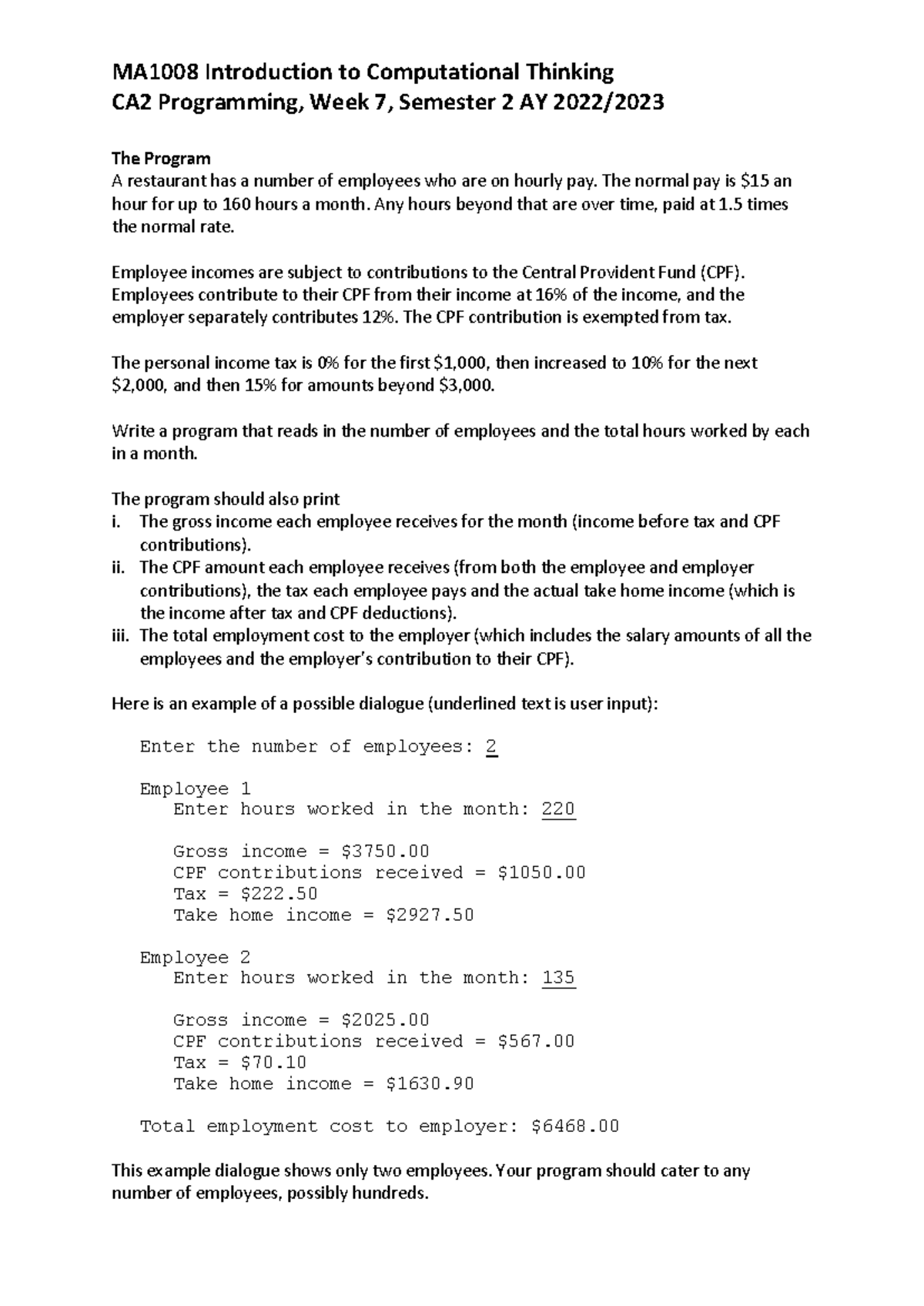 5 Thu night Income with Tax and CPF - MA1008 Introduction to ...