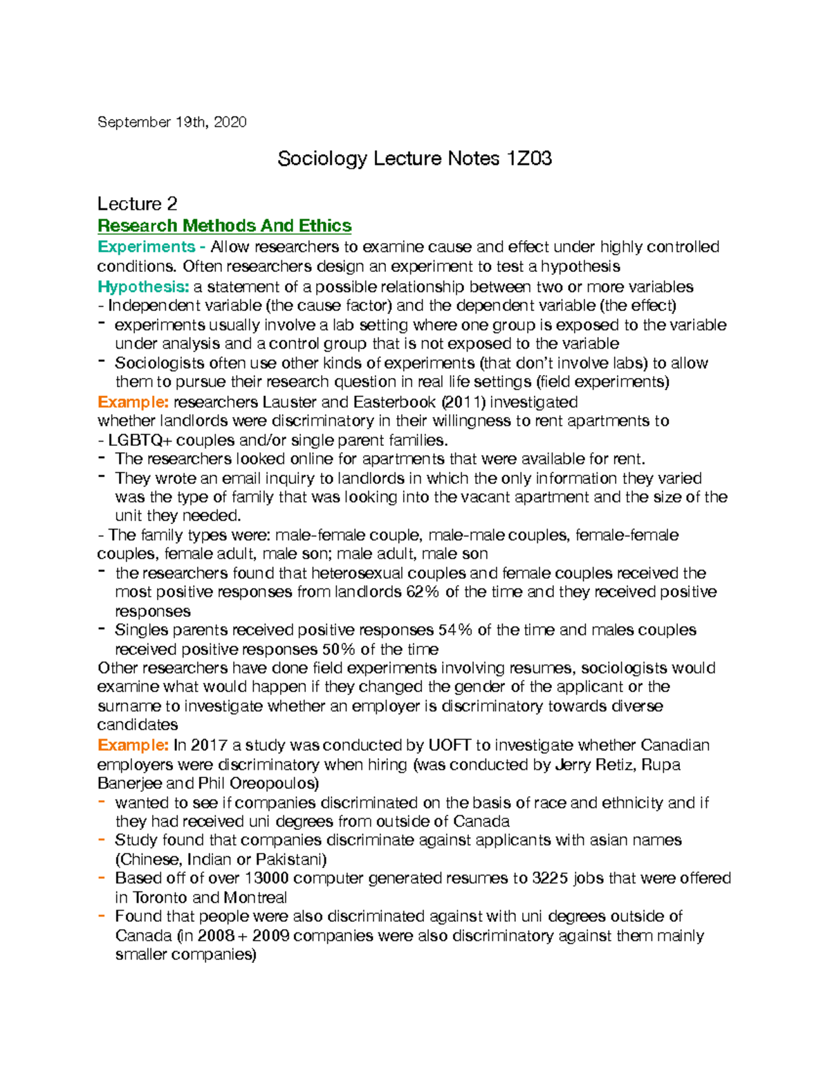 Sociology Lecture 2 Notes 1Z03 - September 19th, 2020 Sociology Lecture ...