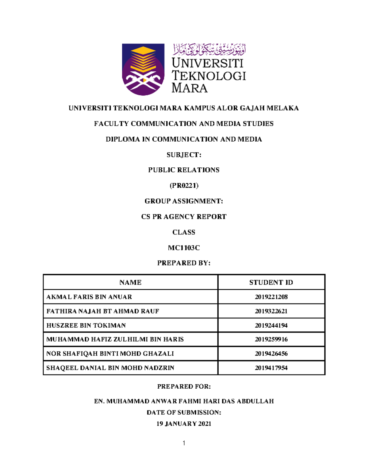 Group report pro - Sample assignment - UNIVERSITI TEKNOLOGI MARA KAMPUS ...