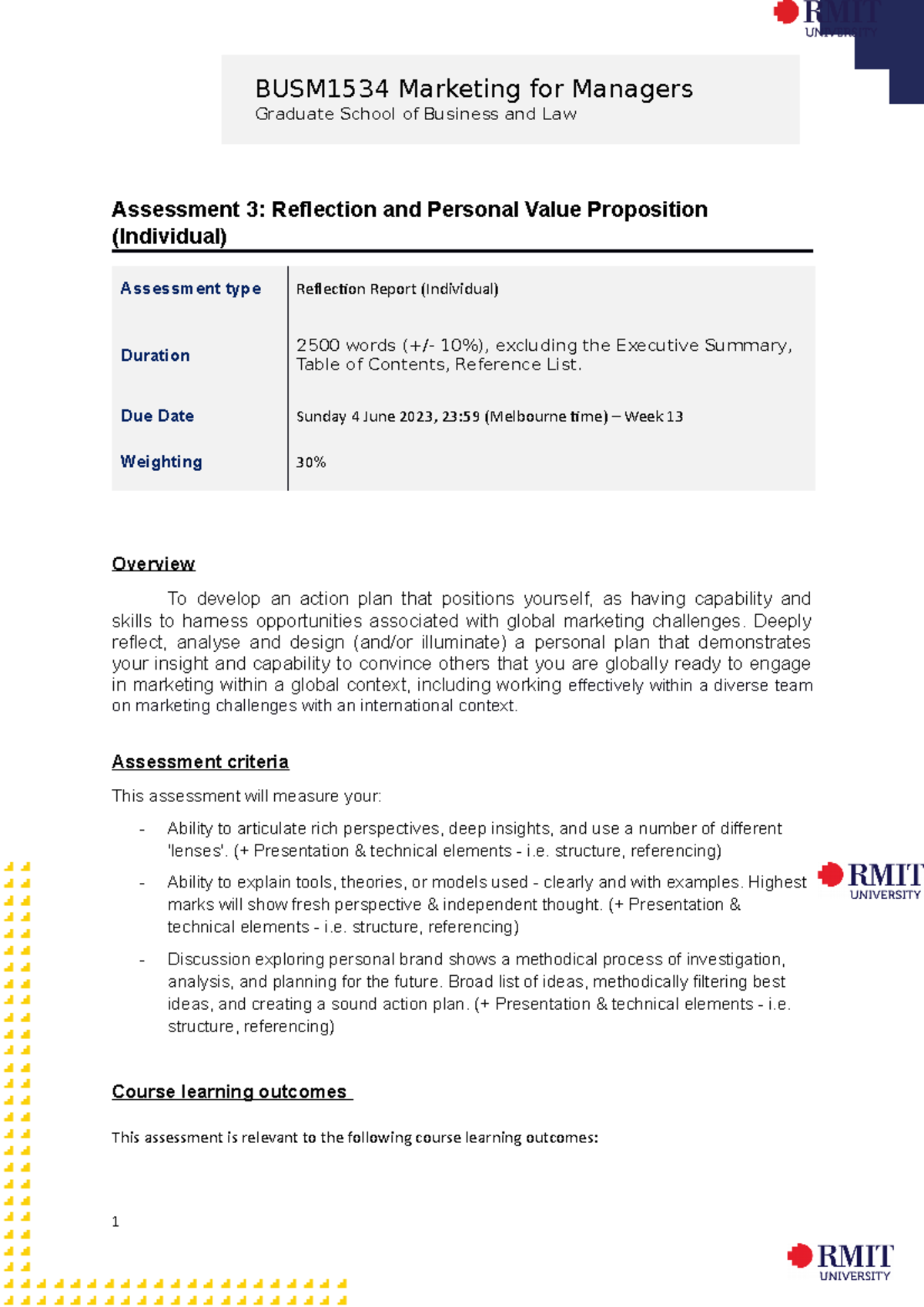 BUSM1534 A3 Assignment Brief S123 - Assessment 3: Reflection and Personal Value Proposition ...