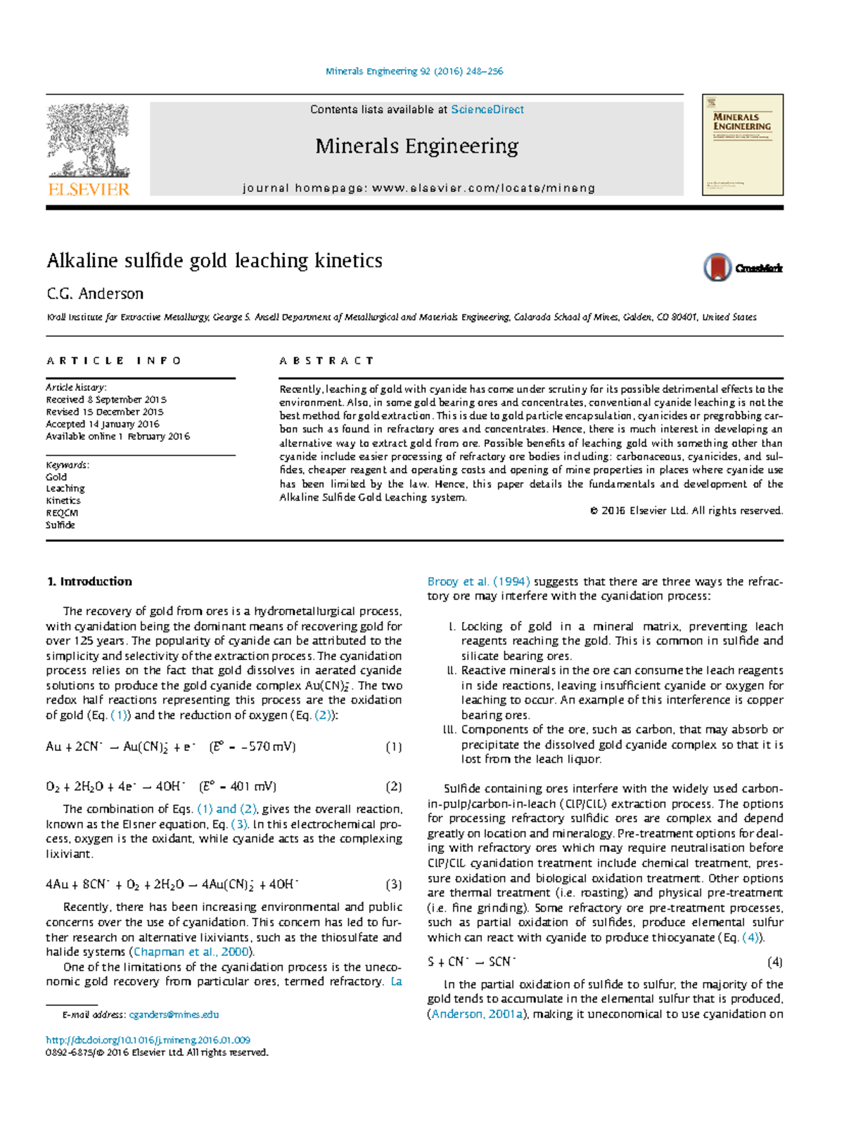 Alkaline sulfide gold leaching kinetics - Anderson Kroll Institute for Extractive Metallurgy ...
