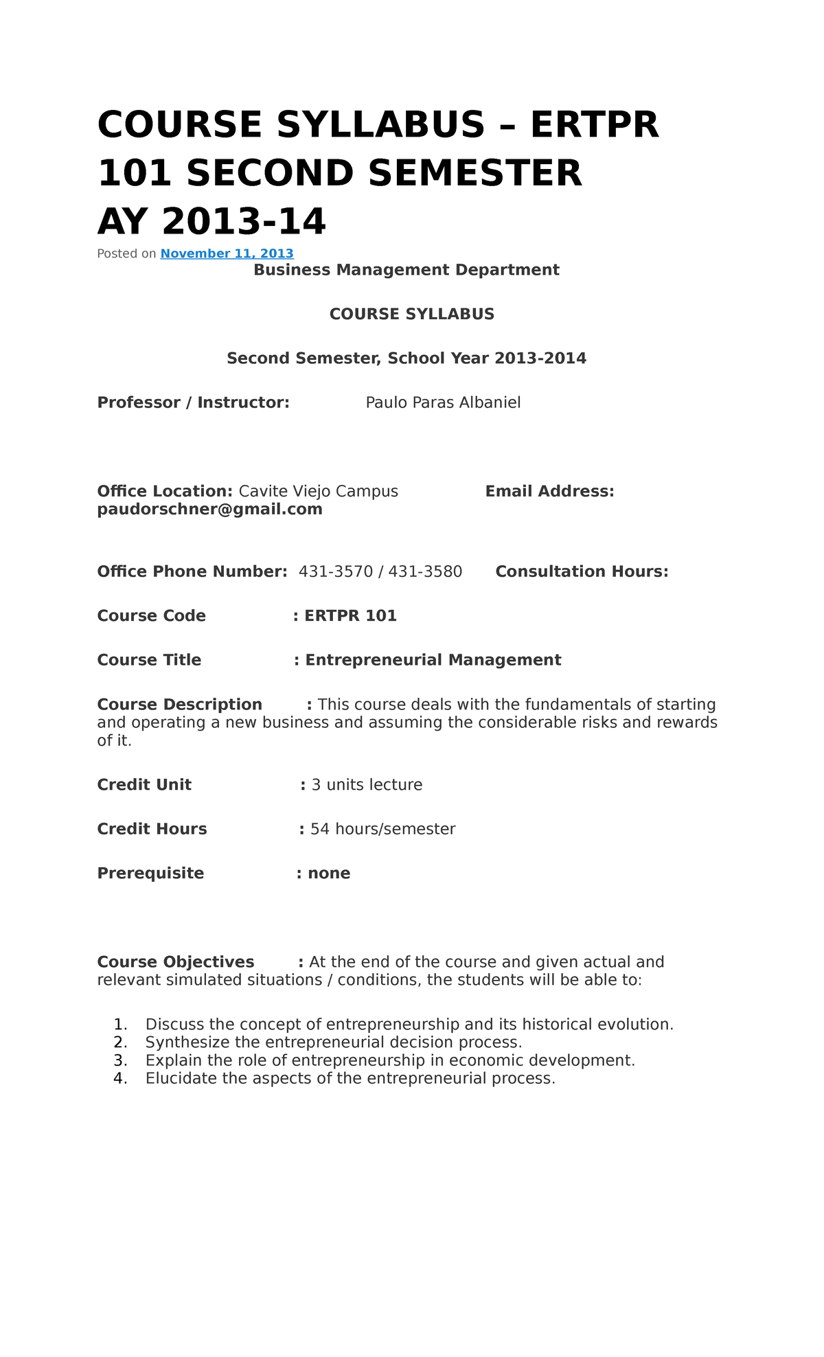 Entrep Syllabus - COURSE SYLLABUS – ERTPR 101 SECOND SEMESTER AY 2013 ...