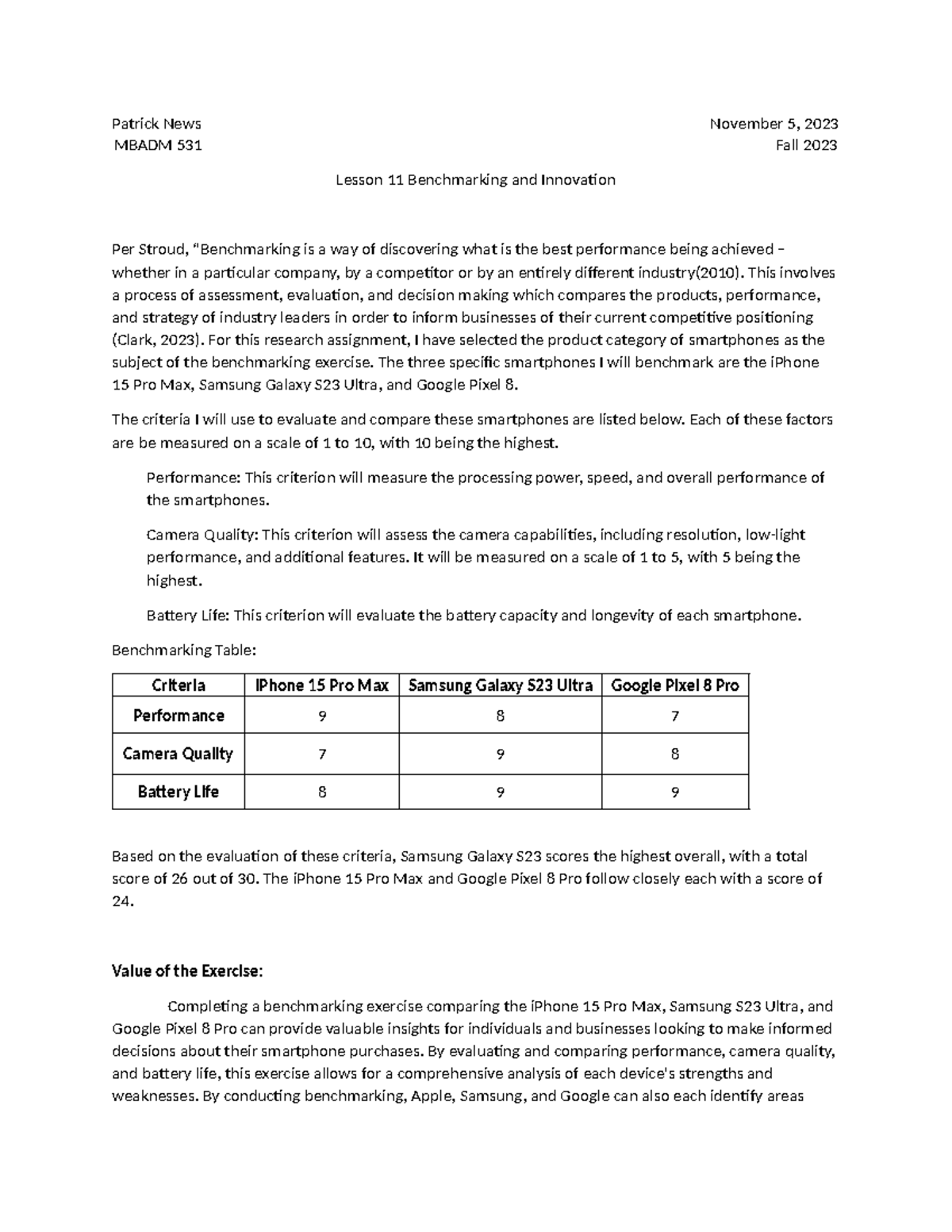 News Lesson 11 Benchmarking and Innovation - Patrick News November 5, 2023 MBADM 531 Fall 2023 ...
