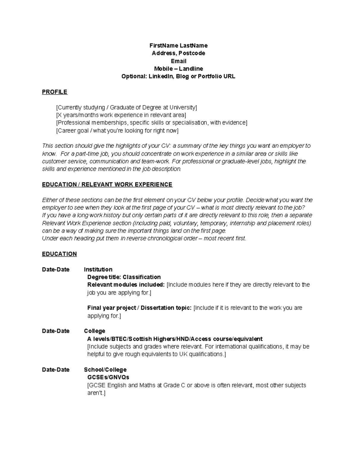 CV template chronological - FirstName LastName Address, Postcode Email ...