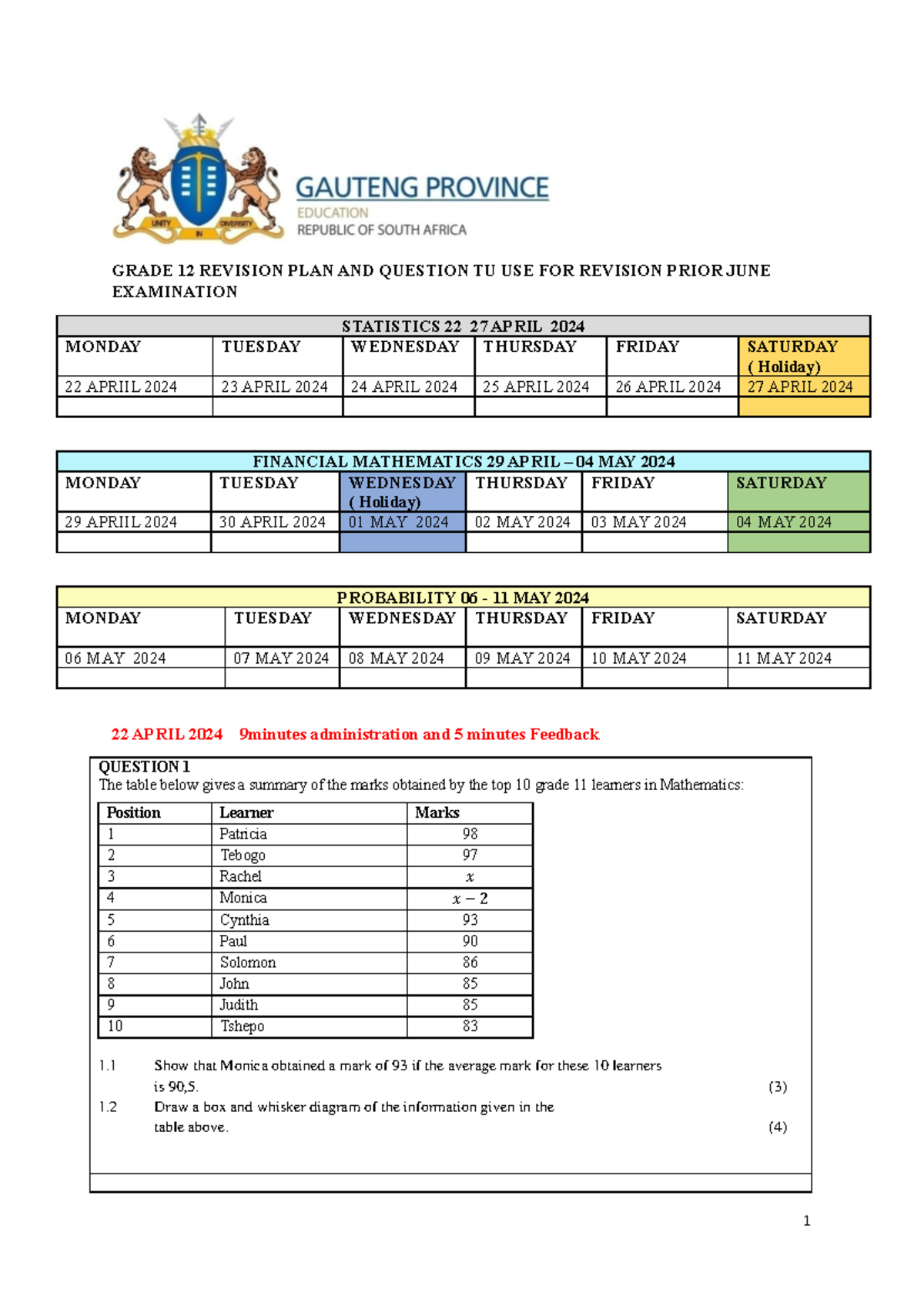 Revision PLAN Prior JUNE Examination 2024 ( Questions) - GRADE 12 REVISION PLAN AND QUESTION TU ...