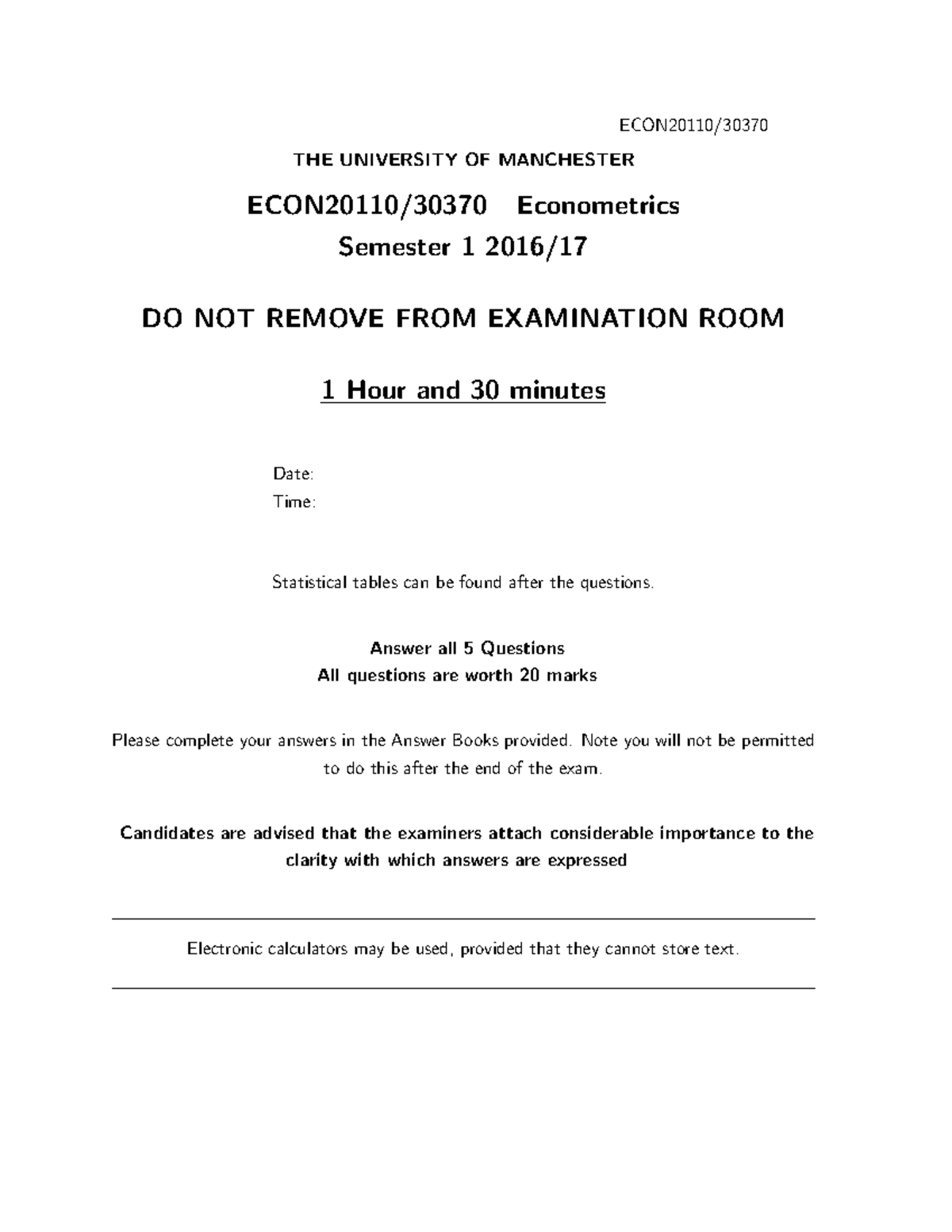 Final Exam Questions Econ20110 30370 The University Of Manchester Econ20110 30370