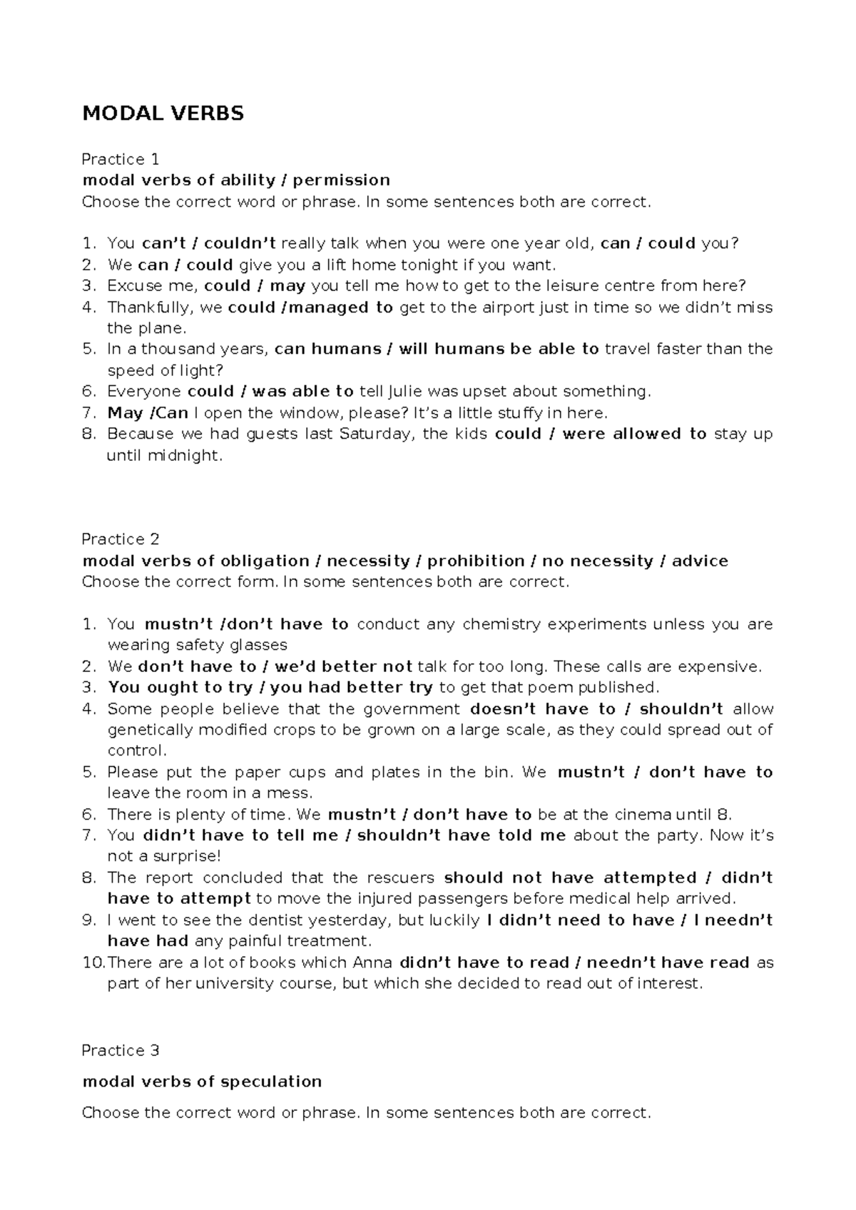 Modal Verbs - practice - MODAL VERBS Practice 1 modal verbs of ability ...